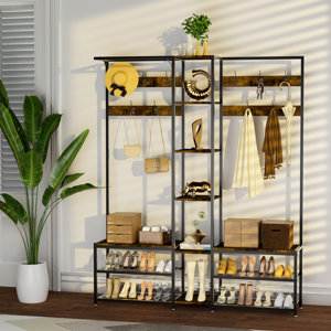 17 Stories Industrial Corner Coat Rack Bench Shoe Storage Entryway Hall ...