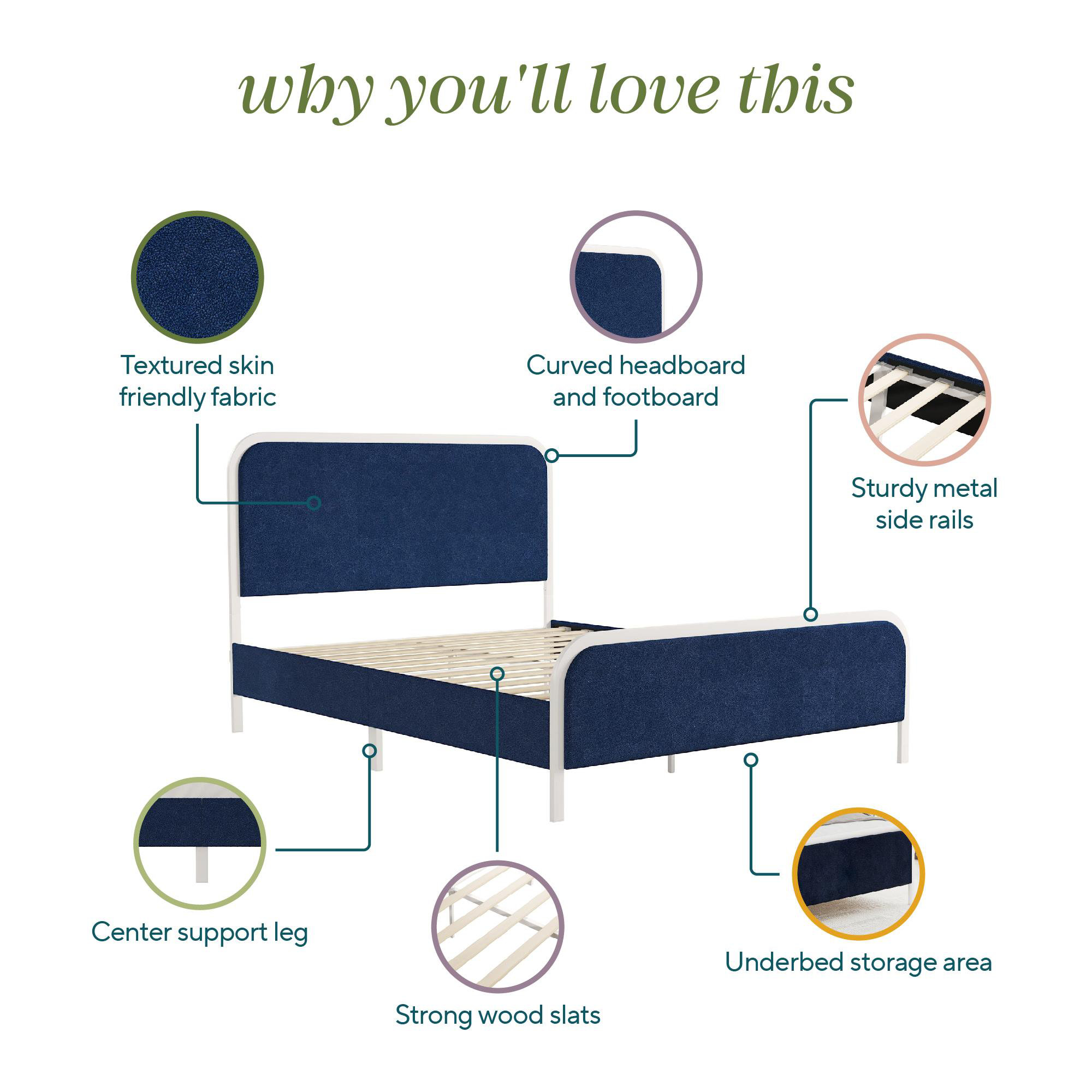 Novogratz Tallulah Platform Bed Frame with Upholstered Headboard, Navy ...