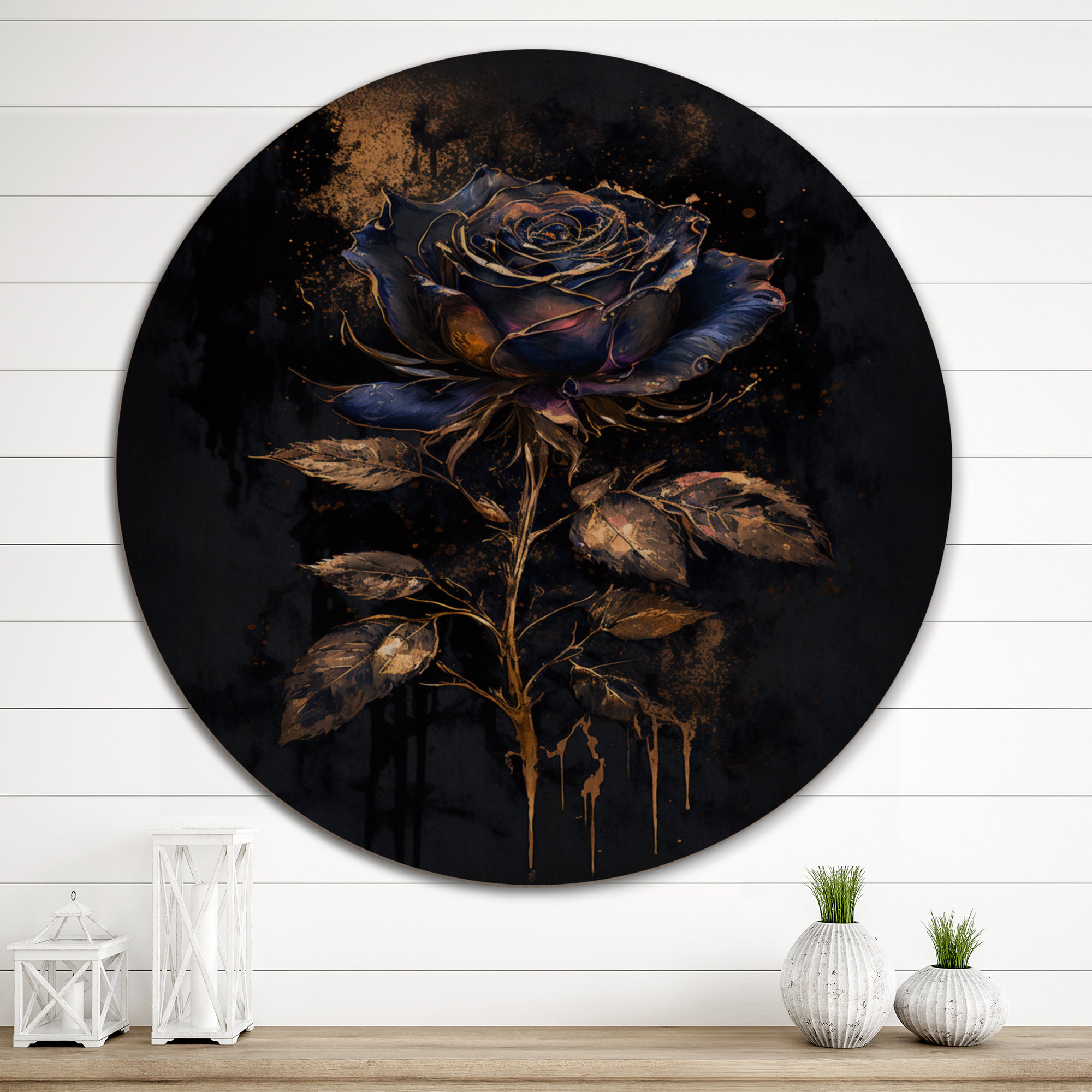 House of Hampton® Golden Rose In Vintage Blue III - Floral Rose Wood ...
