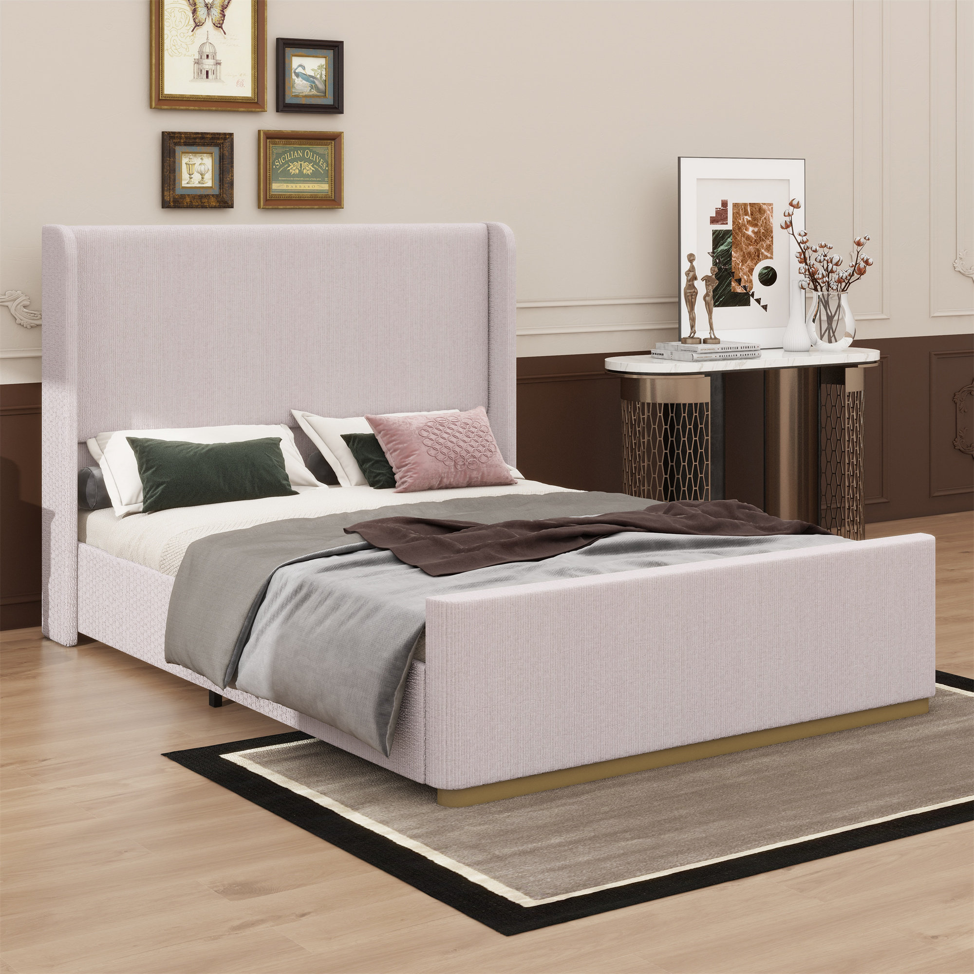 Mercer41 Upholstered Bed Frame With Vertical Stripe Wingback Headboard ...