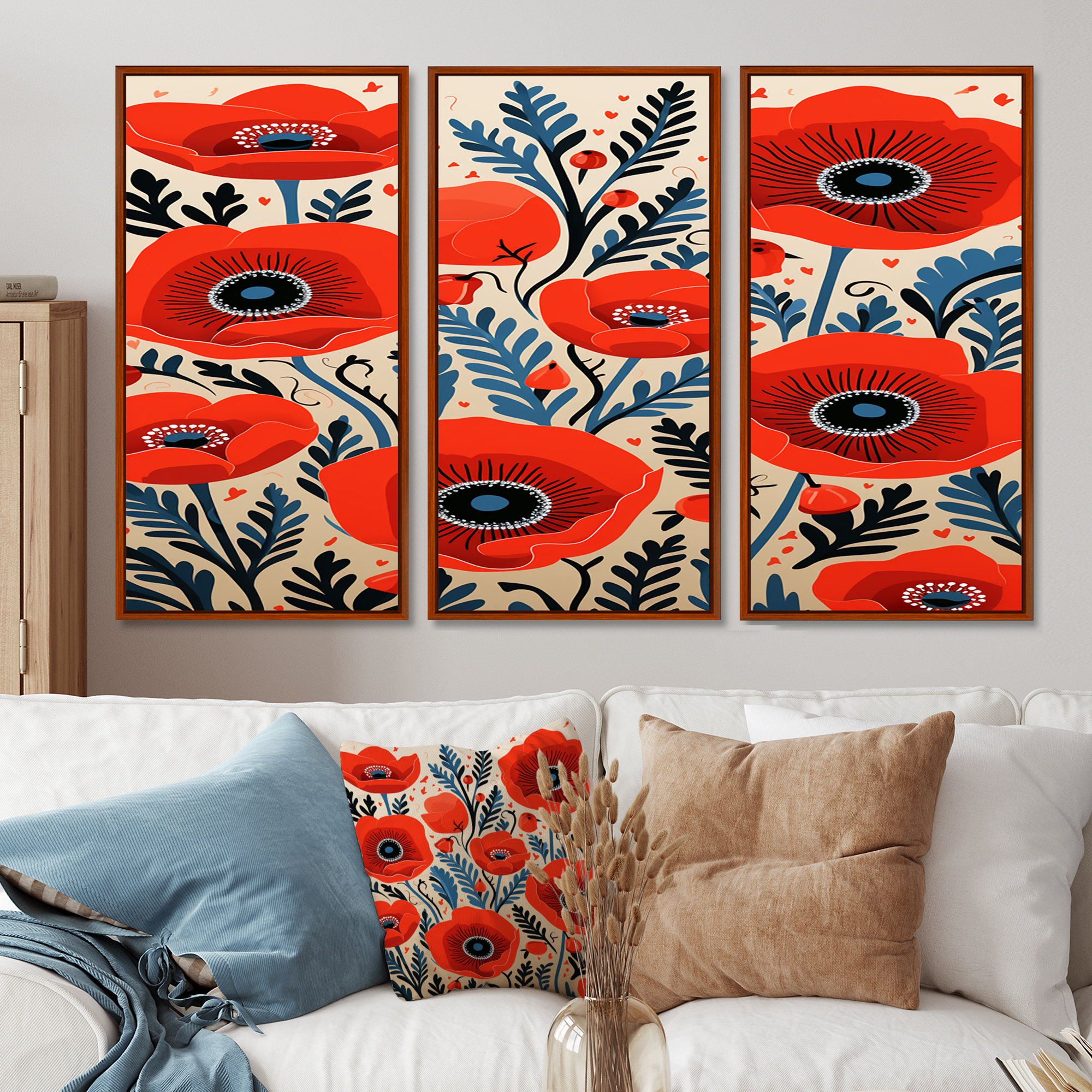 Design Art Blooming Poppies Retro Illustration - Poppy Wall Art Decor ...