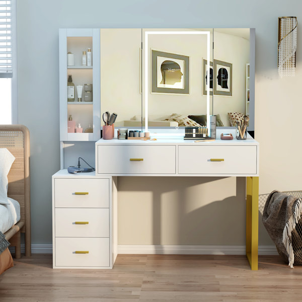 Mercer41 Priansh Vanity Desk with Mirror and Lights, Makeup Vanity with ...