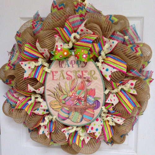 The Holiday Aisle® Easter Wreath with Decorated Burlap Egg | Wayfair