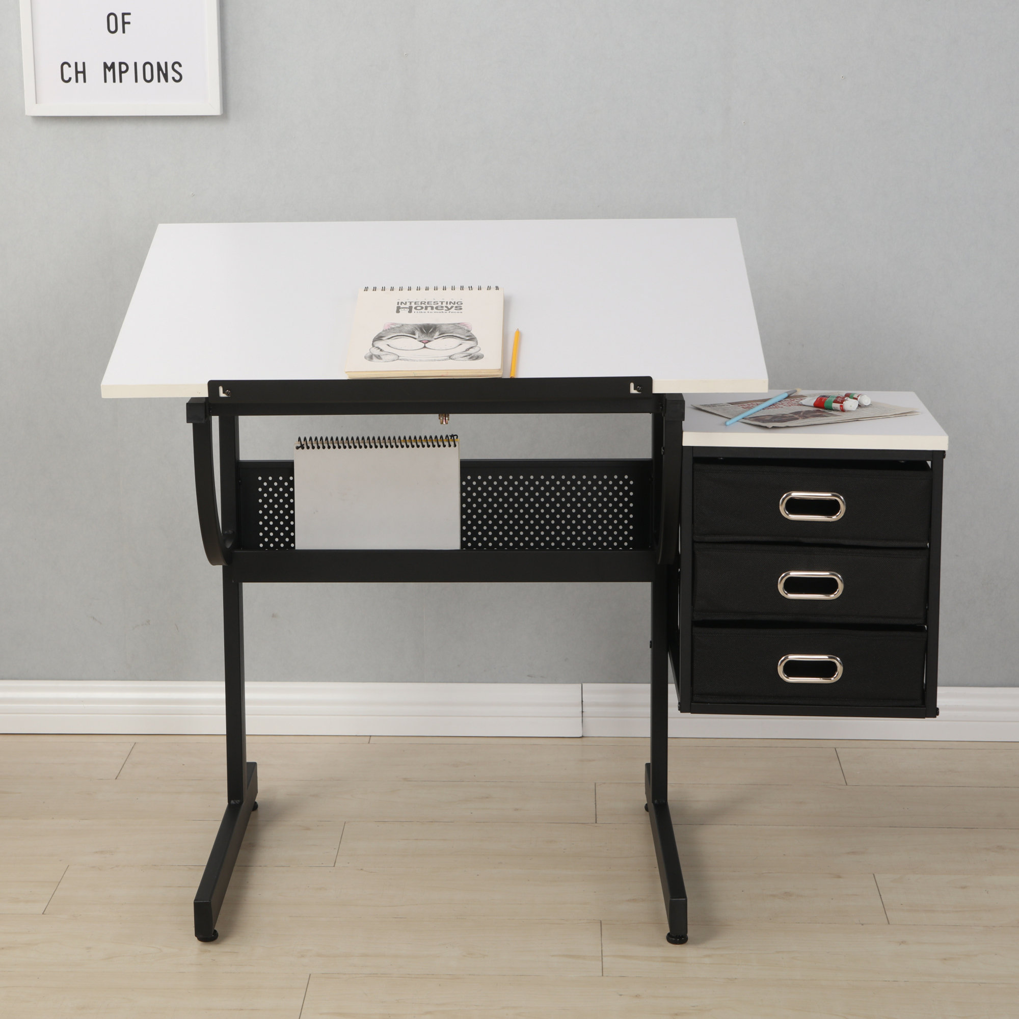 Inbox Zero adjustable drafting drawing table with stool and 3 drawers ...