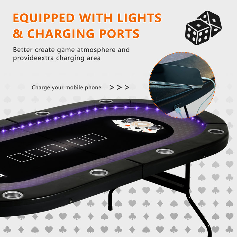 RayChee 84'' 10-Player LED Poker Table Foldable, Texas Holdem Table w ...
