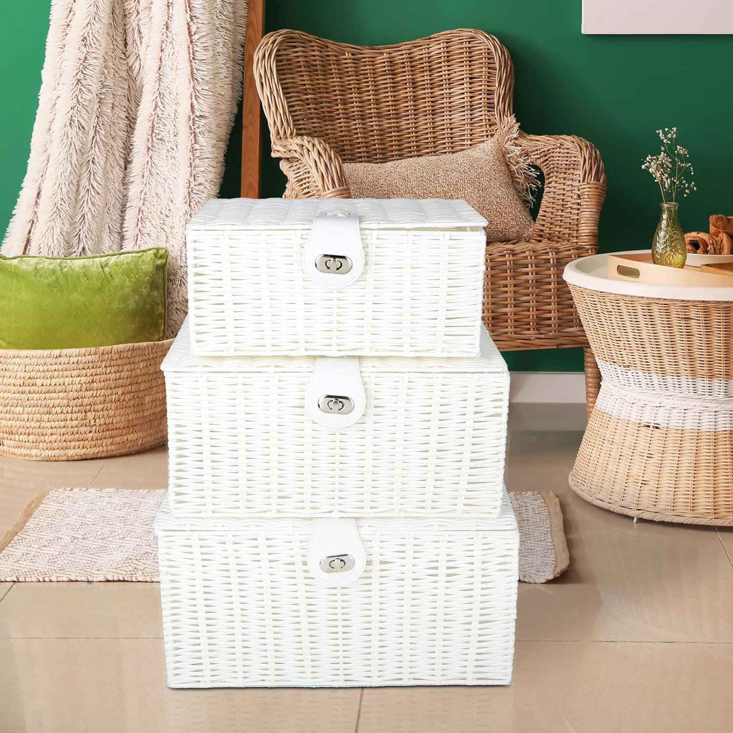 Ophelia & Co. White Wicker Storage Baskets - Set Of 3 Decorative ...
