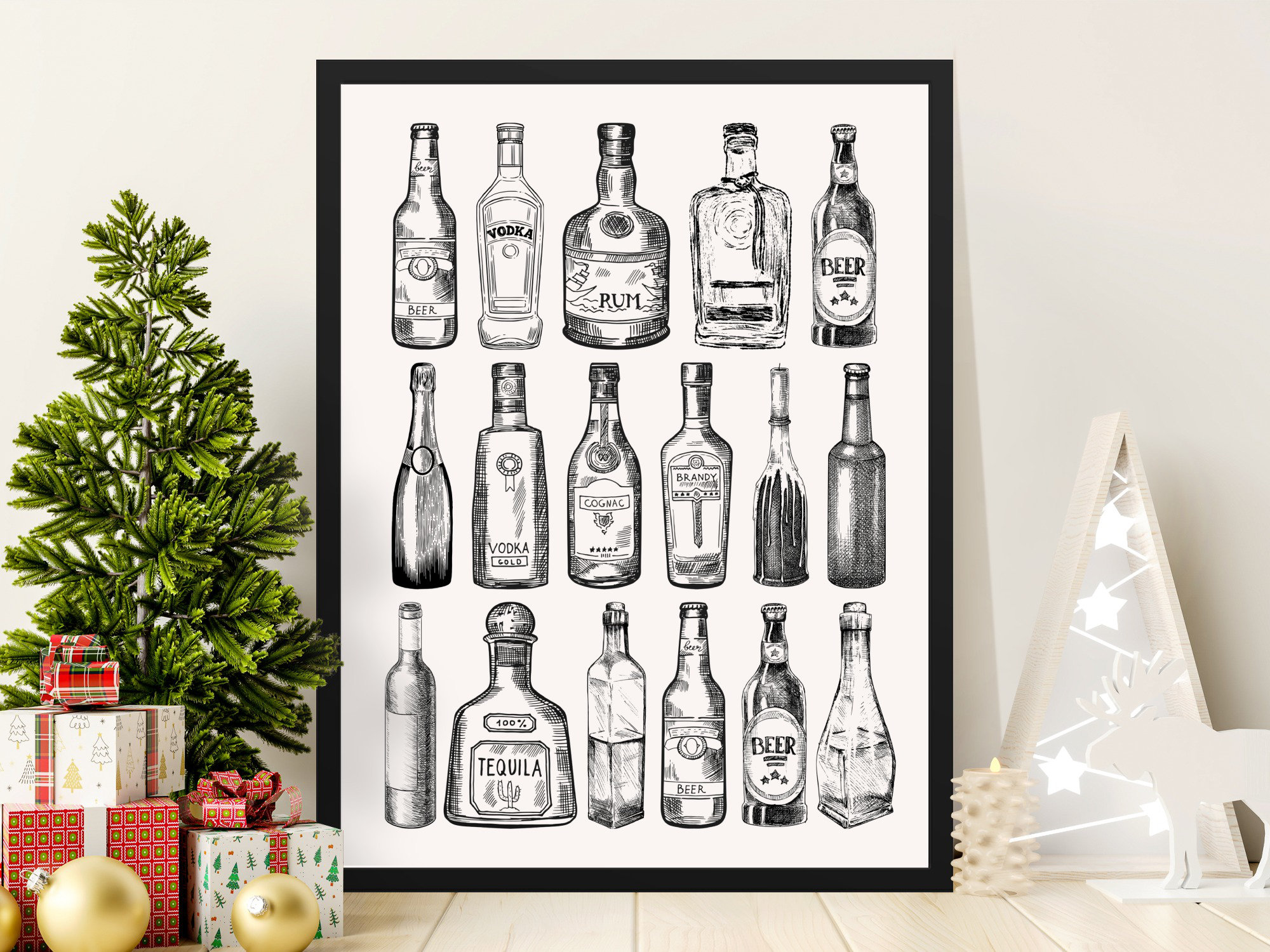 Happy Larry Liquor Bottles Wall Art, Alcohol Print, Bar Decor, Vintage ...
