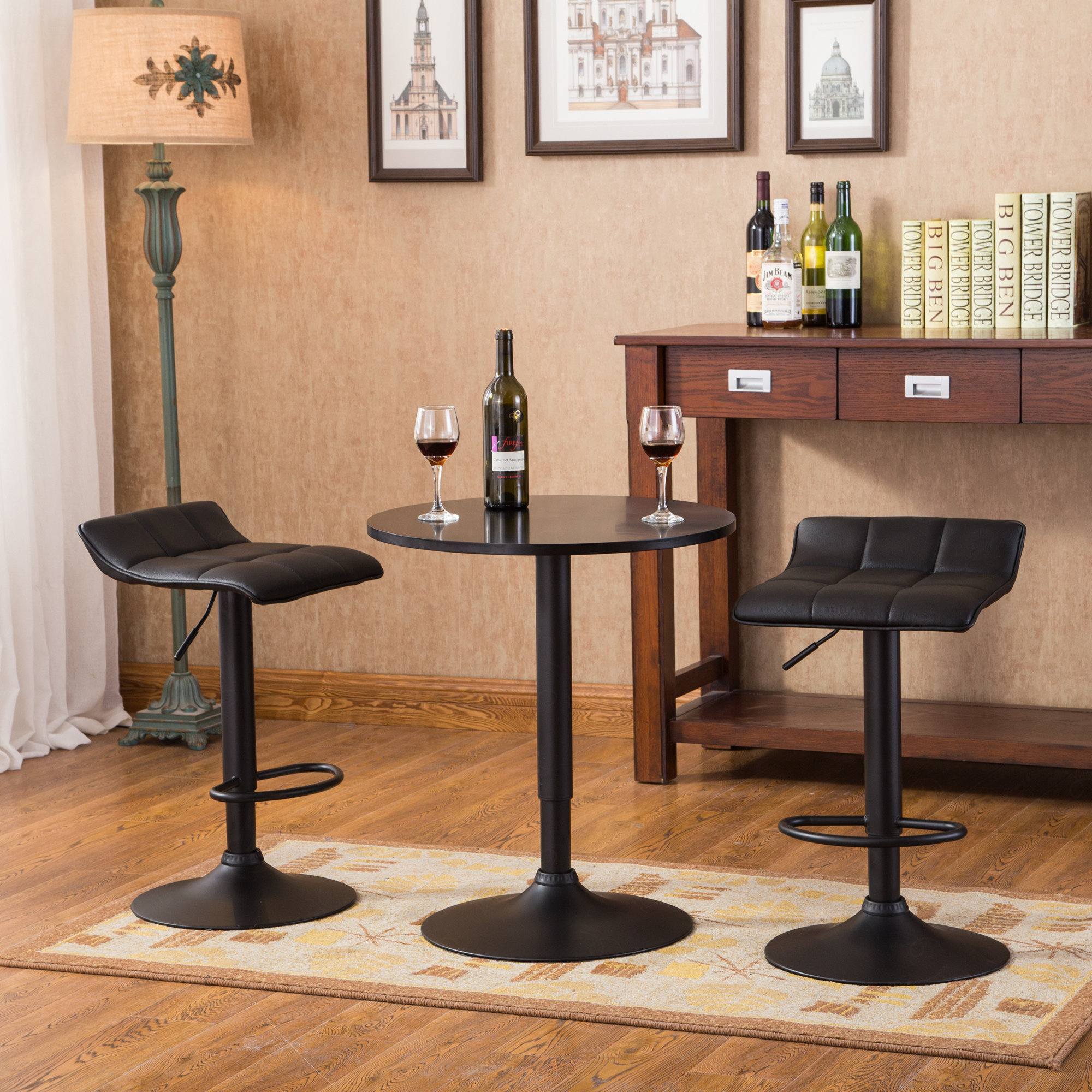 Wrought Studio™ Black Round Top Adjustable Height Bar Table and 2 ...