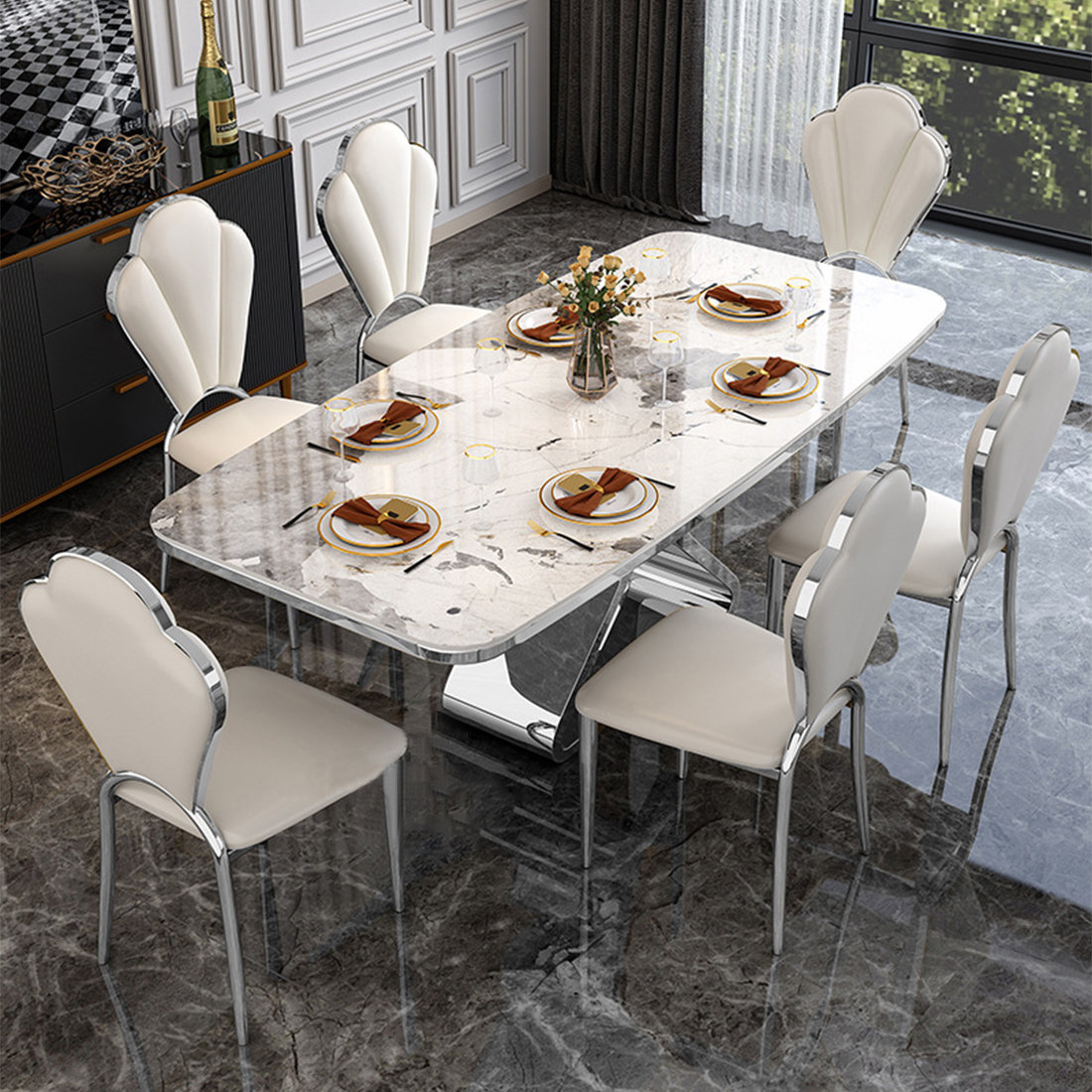 DineElegance.r 7-piece Rock Plate Top Silver Base Dining Set ...