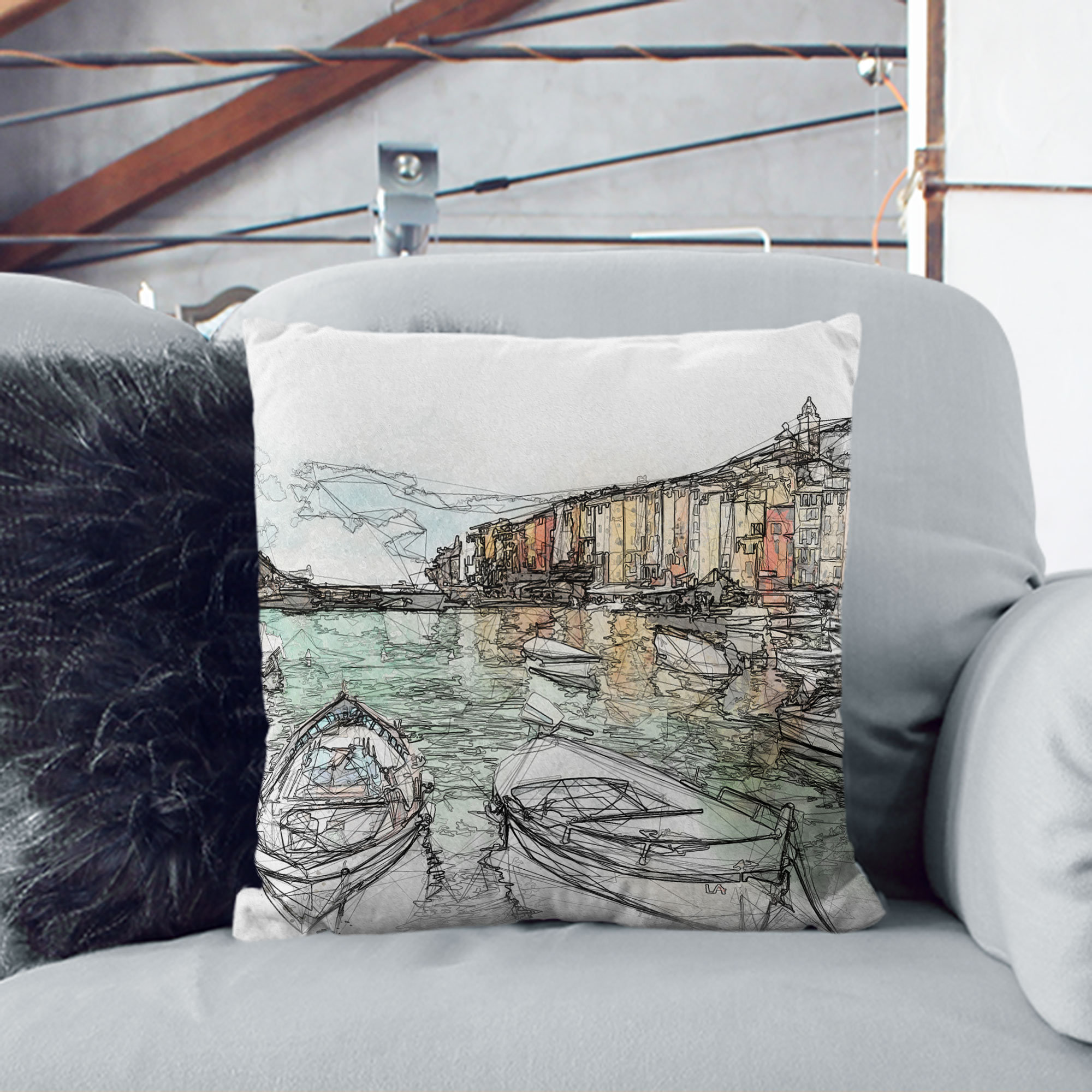 East Urban Home Docked Boats in Portovenere Italy Sketch Cushion with ...
