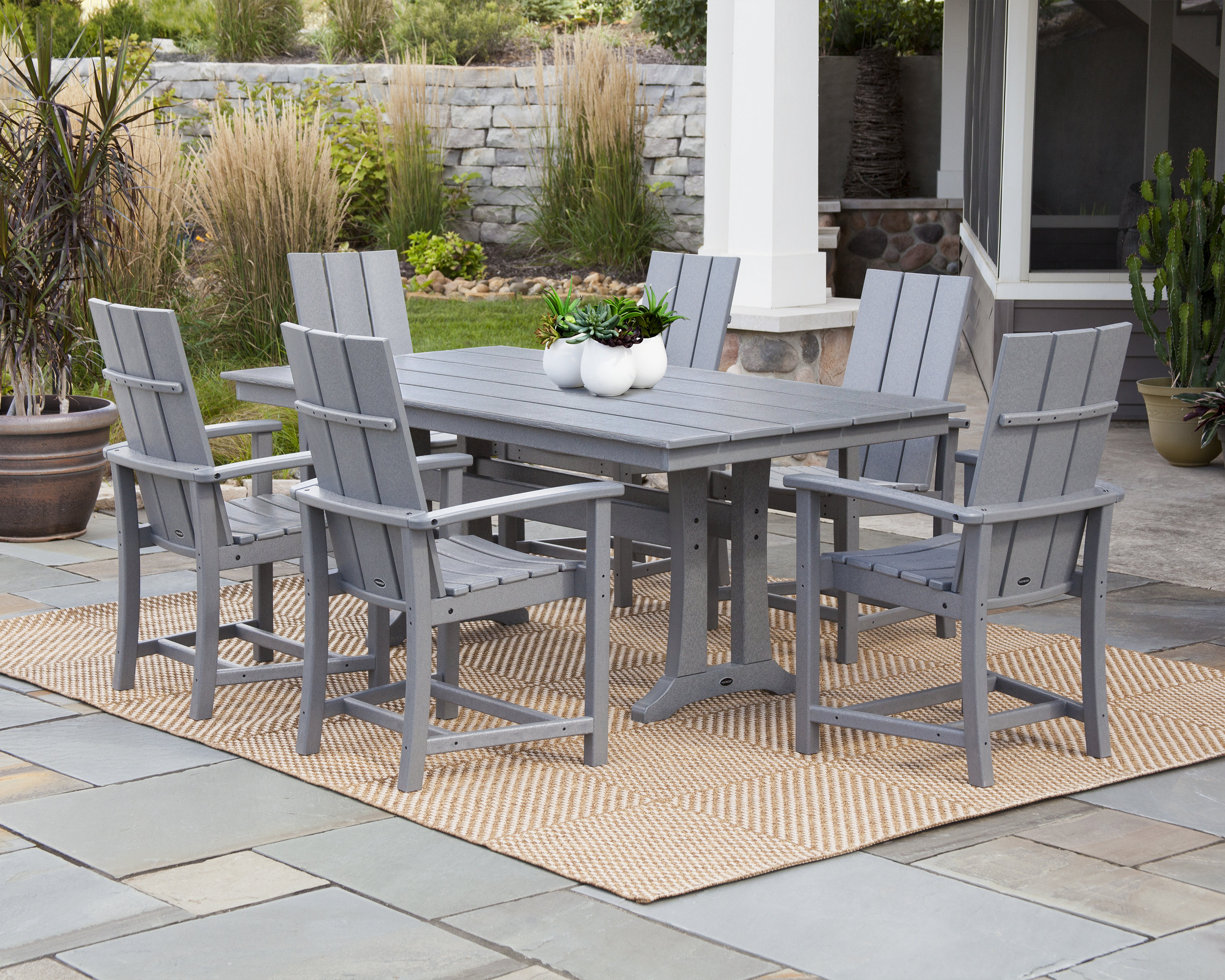 POLYWOOD® Modern Adirondack 7-Piece Farmhouse Dining Set with Trestle ...