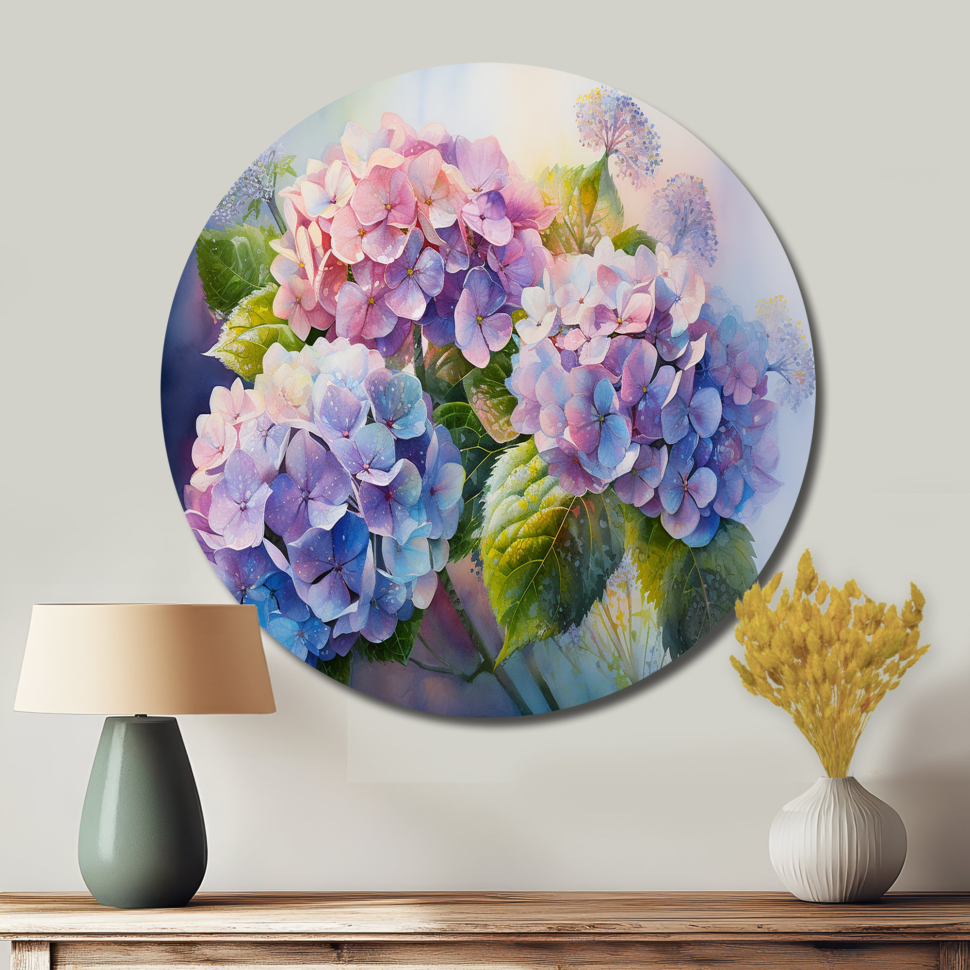 Design Art Pink And Purple Hydrangea Sunset - Floral Round Metal Wall ...