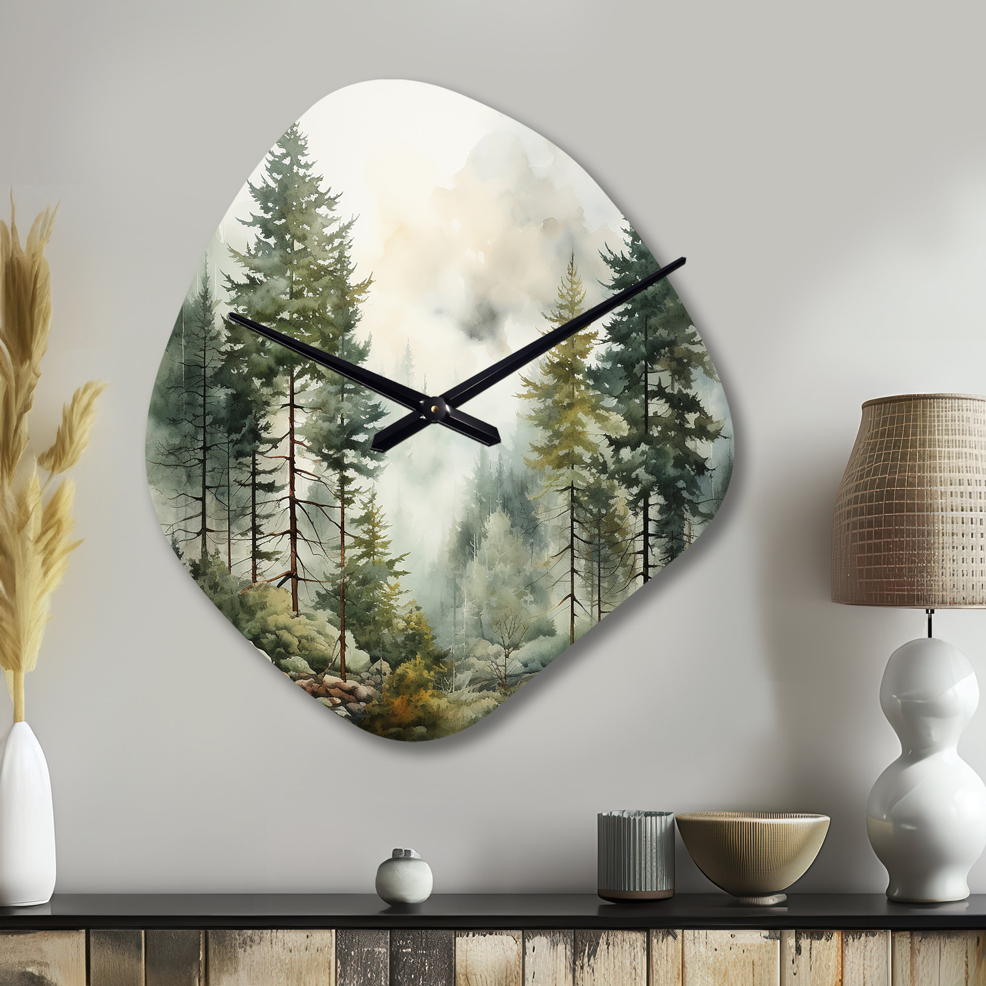 Design Art Pine Tree Misty Morning II - Nebula Shape Decorative Green Tree Pine Wall Clock | Wayfair