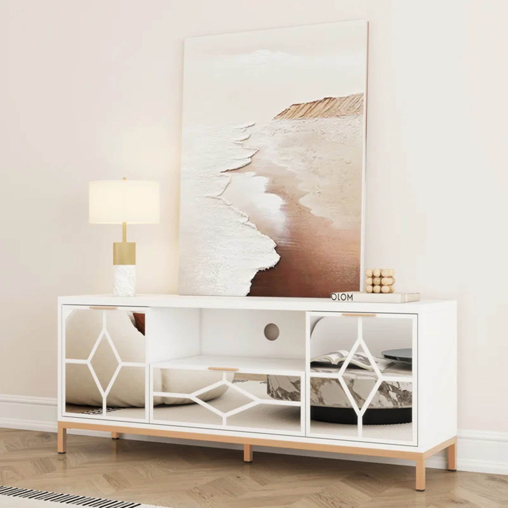 Everly Quinn 60" Mirrored Design Media Console Tv Stand For Living Room ...