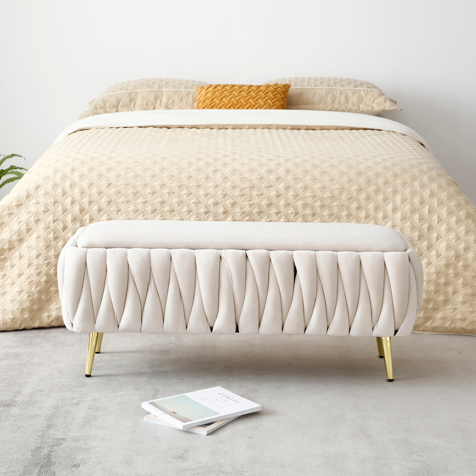 Mercer41 Oval Storage Bench With Gold Legs, Velvet Fabric Upholstered ...