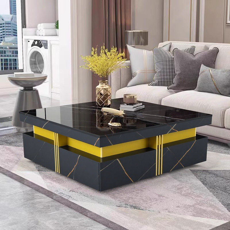 Mercer41 Modern Square Coffee Table with 4 Drawers & Gold Accents ...