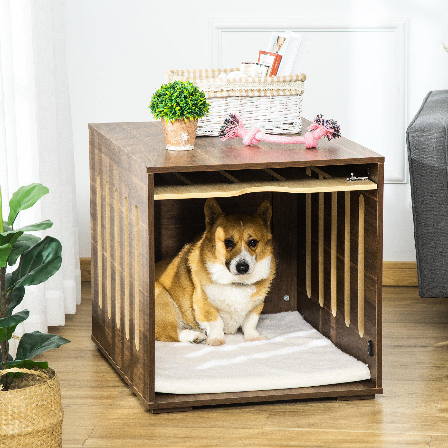 Corrigan Studio Brown Dog Crate End Table. Removable Door, Foam Cushion ...