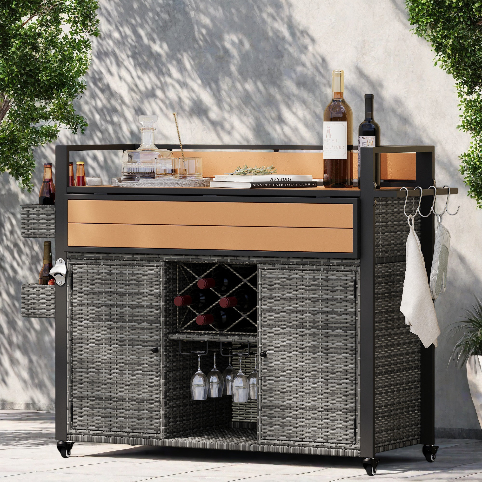 Latitude Run® Wicker Outdoor Grill Cart With Extended Plastic Wood ...