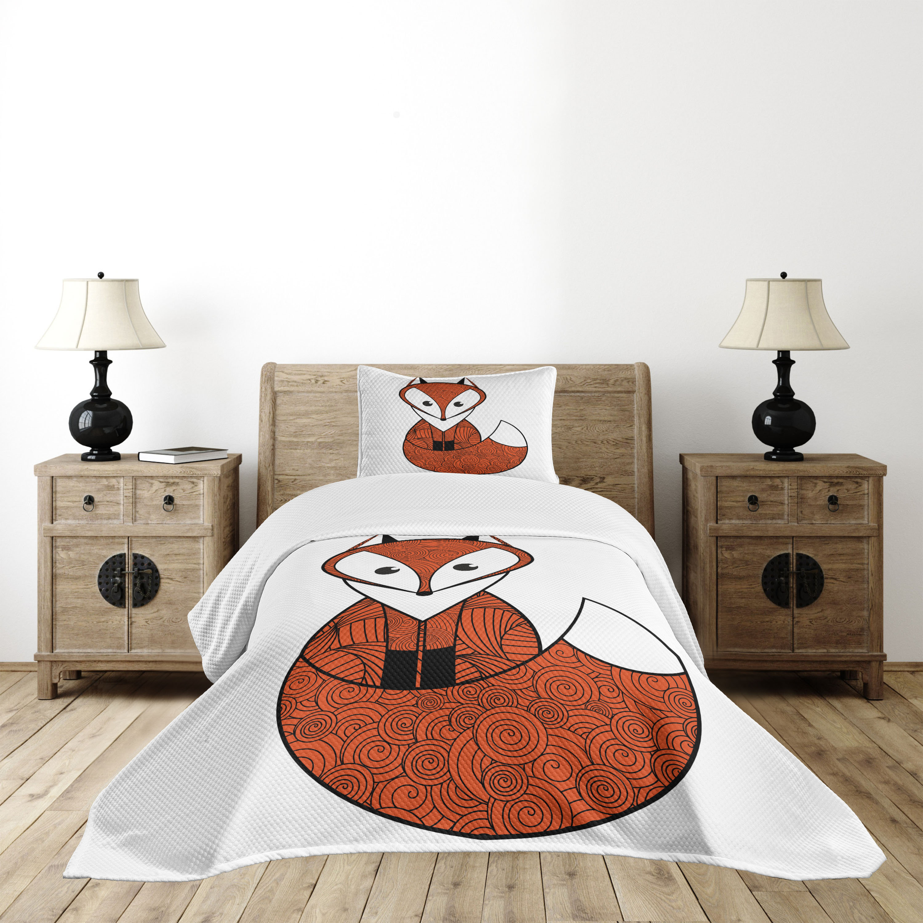 Ambesonne Fox Bedspread Set Cartoon Spiral Patterns Dark Orange Black ...