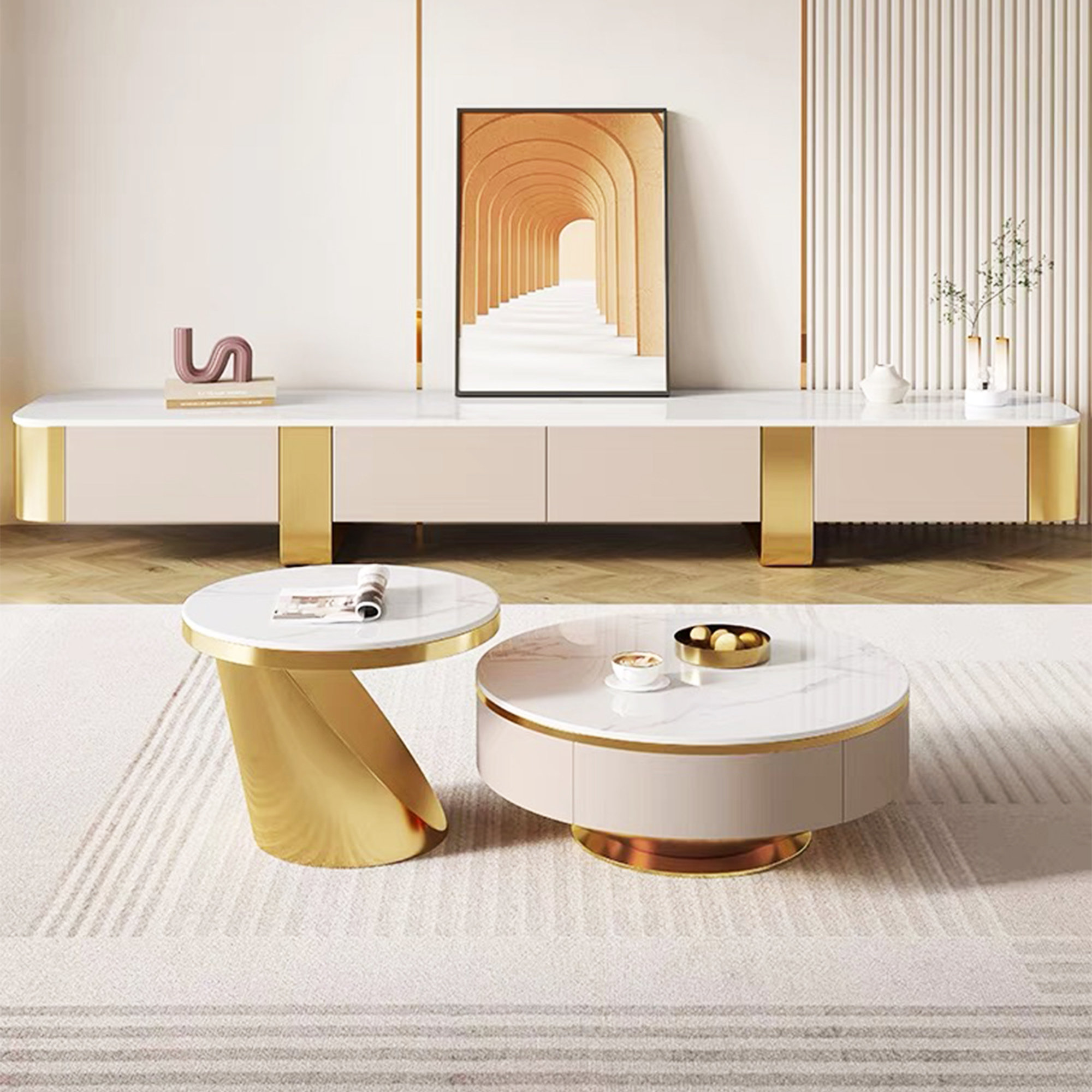 Mercer41 78.7'' Modern TV stands, with White Glossy Sintered stone top ...