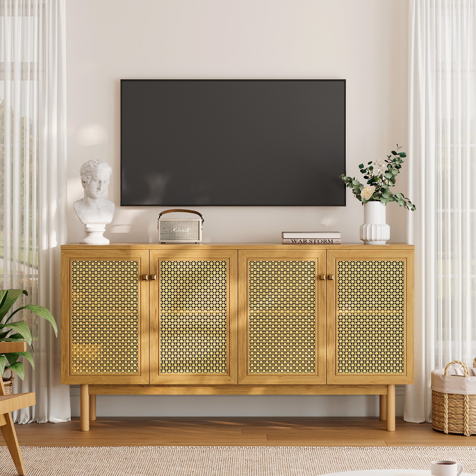 Bay Isle Home™ 63" Tv Stand With Metal Mesh Doors, Mid Century Console ...