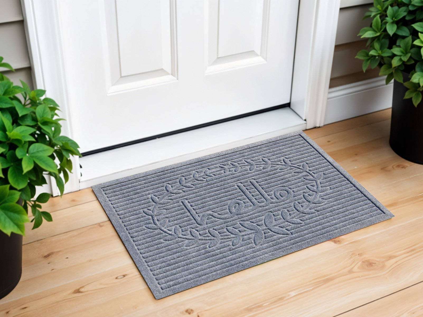 HomeRoots 24" X 36" Gray Striped Hello Outdoor Polypropylene Door Mat ...