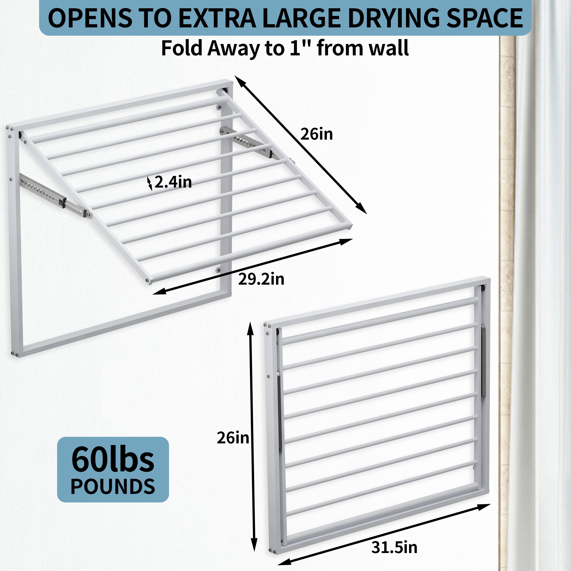 Rebrilliant 31.5” Wide Metal Wall-Mounted Foldable Drying Rack | Wayfair