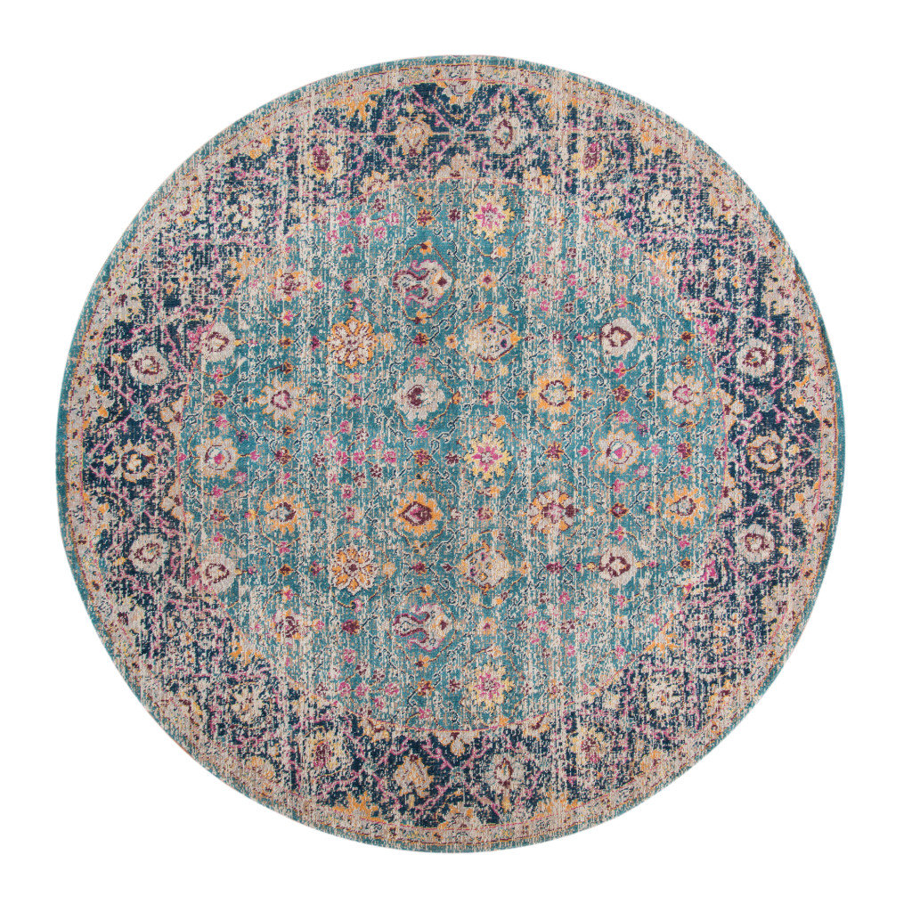 HomeRoots 6' Teal And Orange Floral Distressed Round Rug | Wayfair