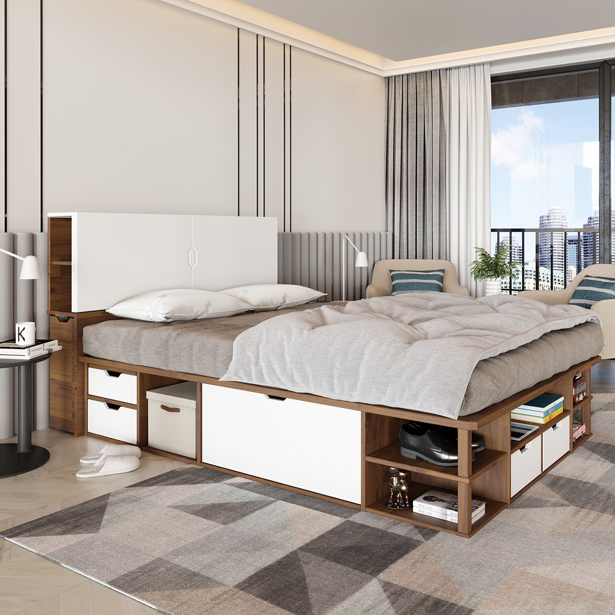 LETTO COMPANY Wooden Double Bed Frame with Storage - Solid Wood ...