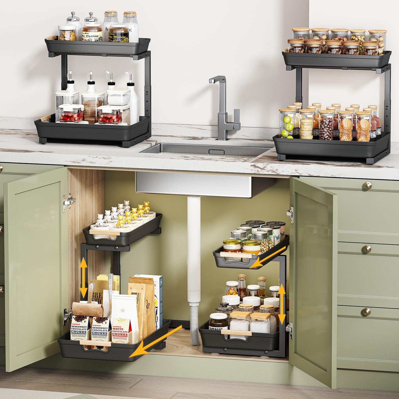 FEIYAN 4 Pack Under Sink Pull Out Organizer,2 Tier Under Sink Organizer ...