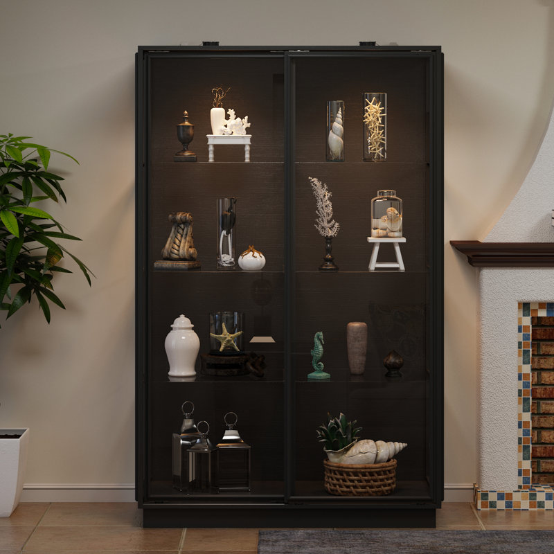 Latitude Run® 74.8" H Black Glass Sliding Door Display Cabinet With Two ...
