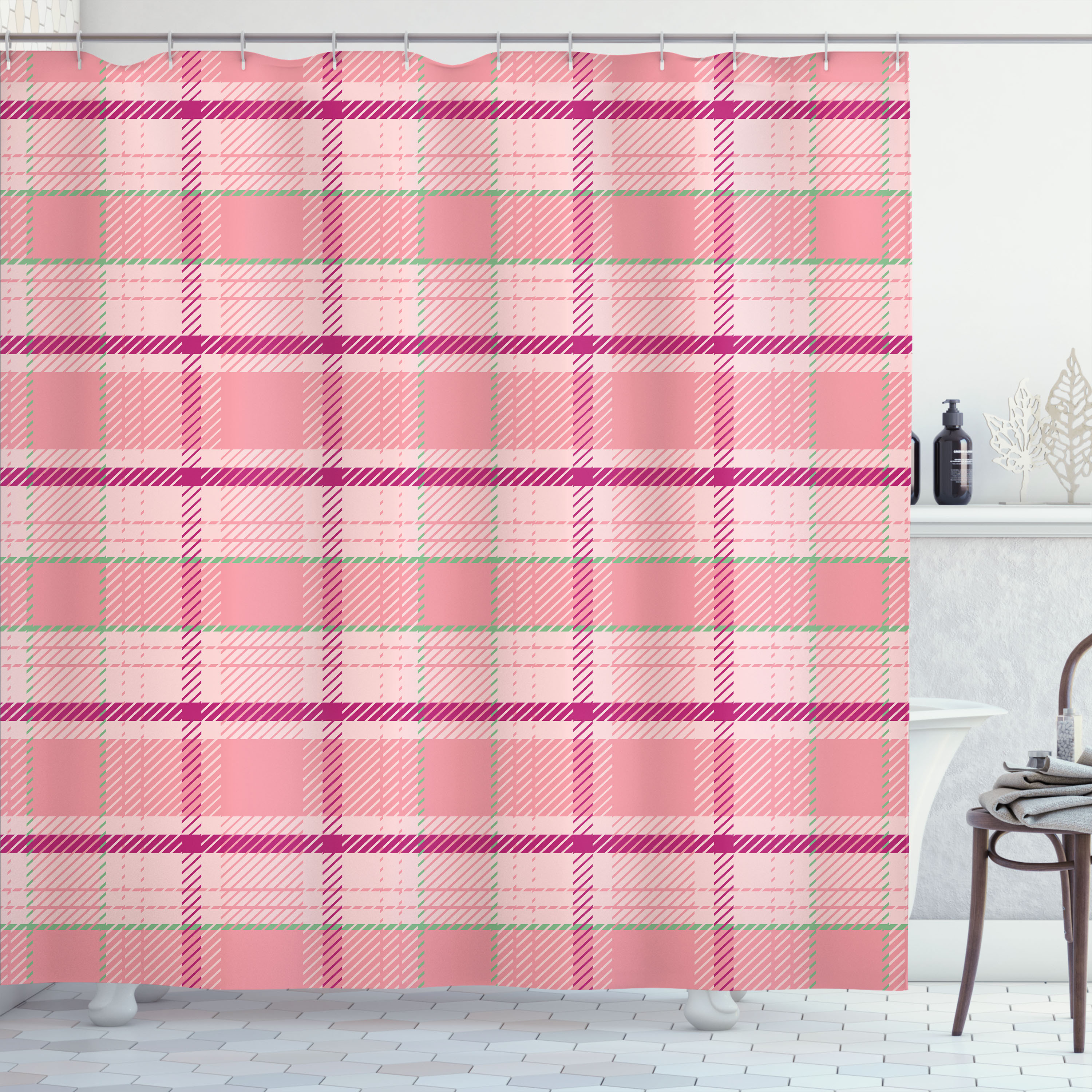 Dakota Fields Pink Shower Curtain Tartan Plaid Pattern Squares Pale ...