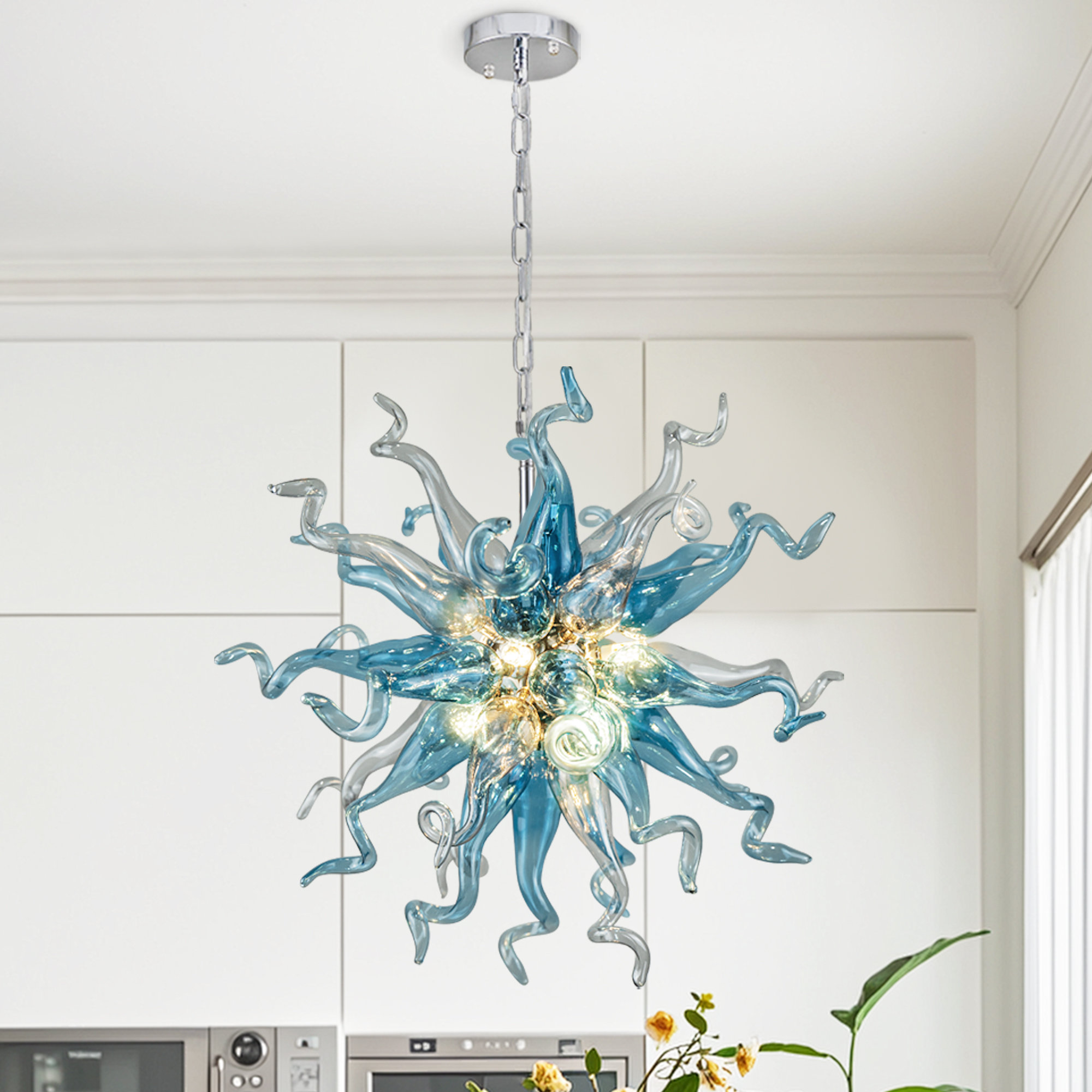 Everly Quinn Art Hand Blown Glass Chandelier, Blue Tone Ceiling Light ...