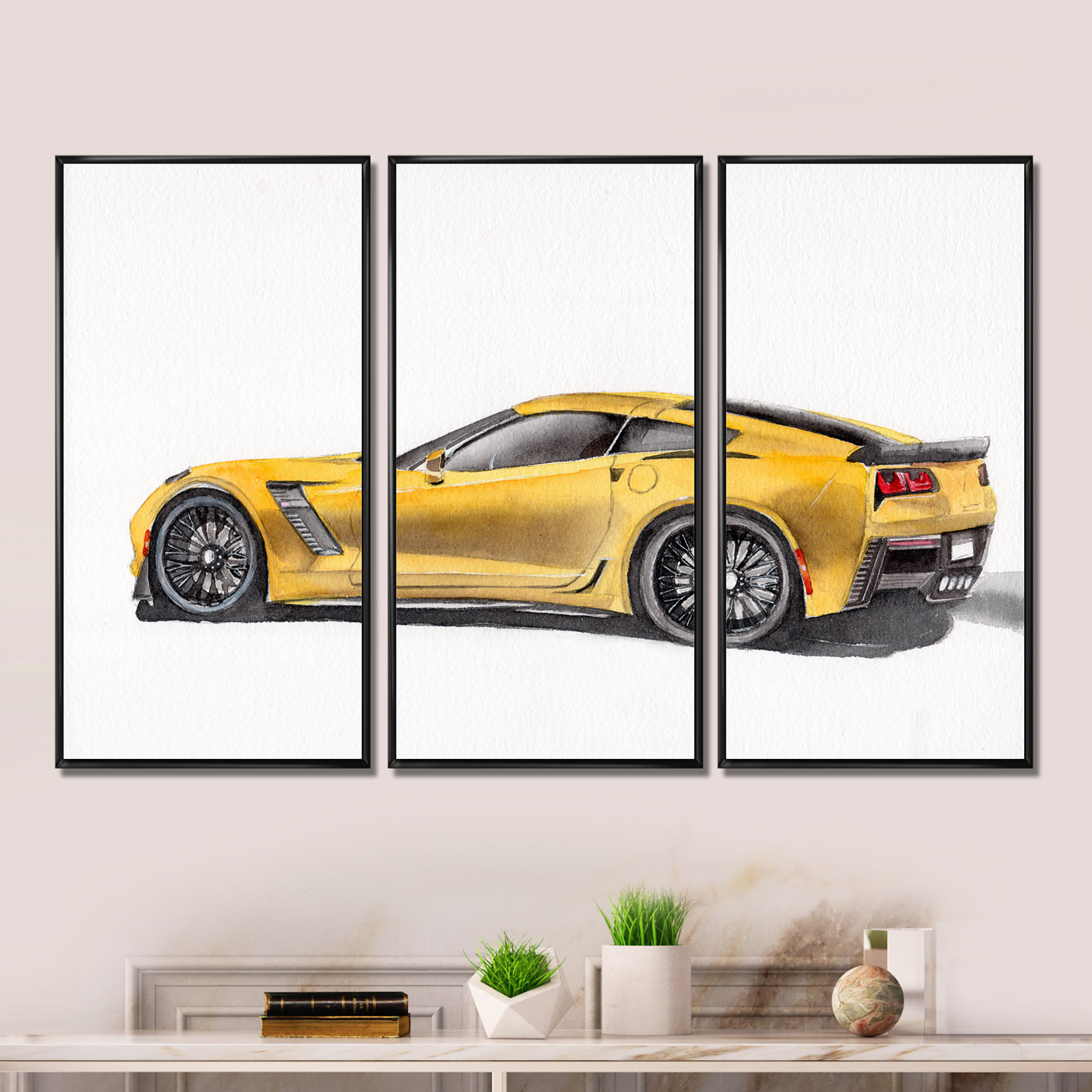 Williston Forge Yellow Sport Car with Its Shadow I - 3 Piece Floater ...