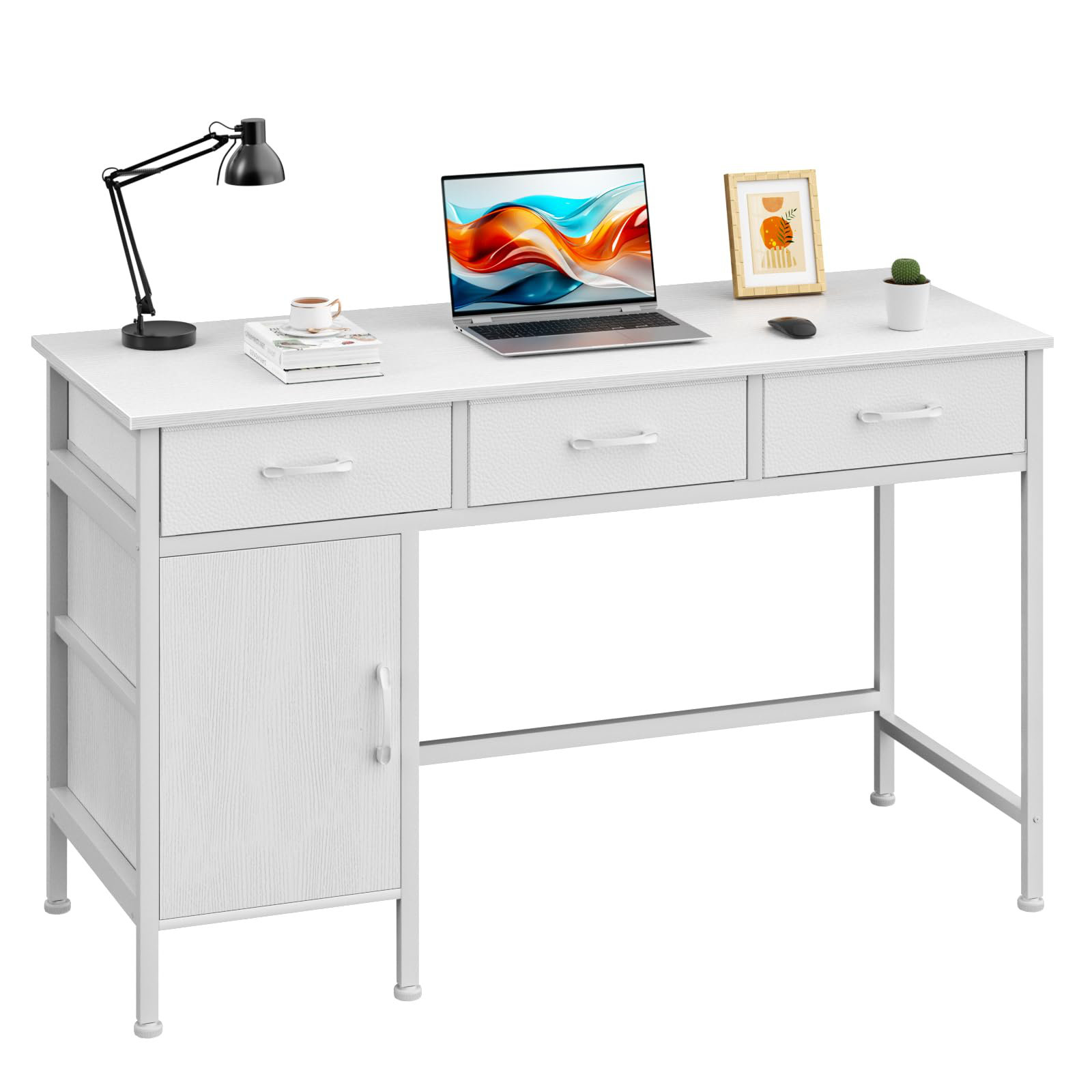 Ebern Designs White Modern Vanity Desk With Storage Cabinet & 3 Fabric ...