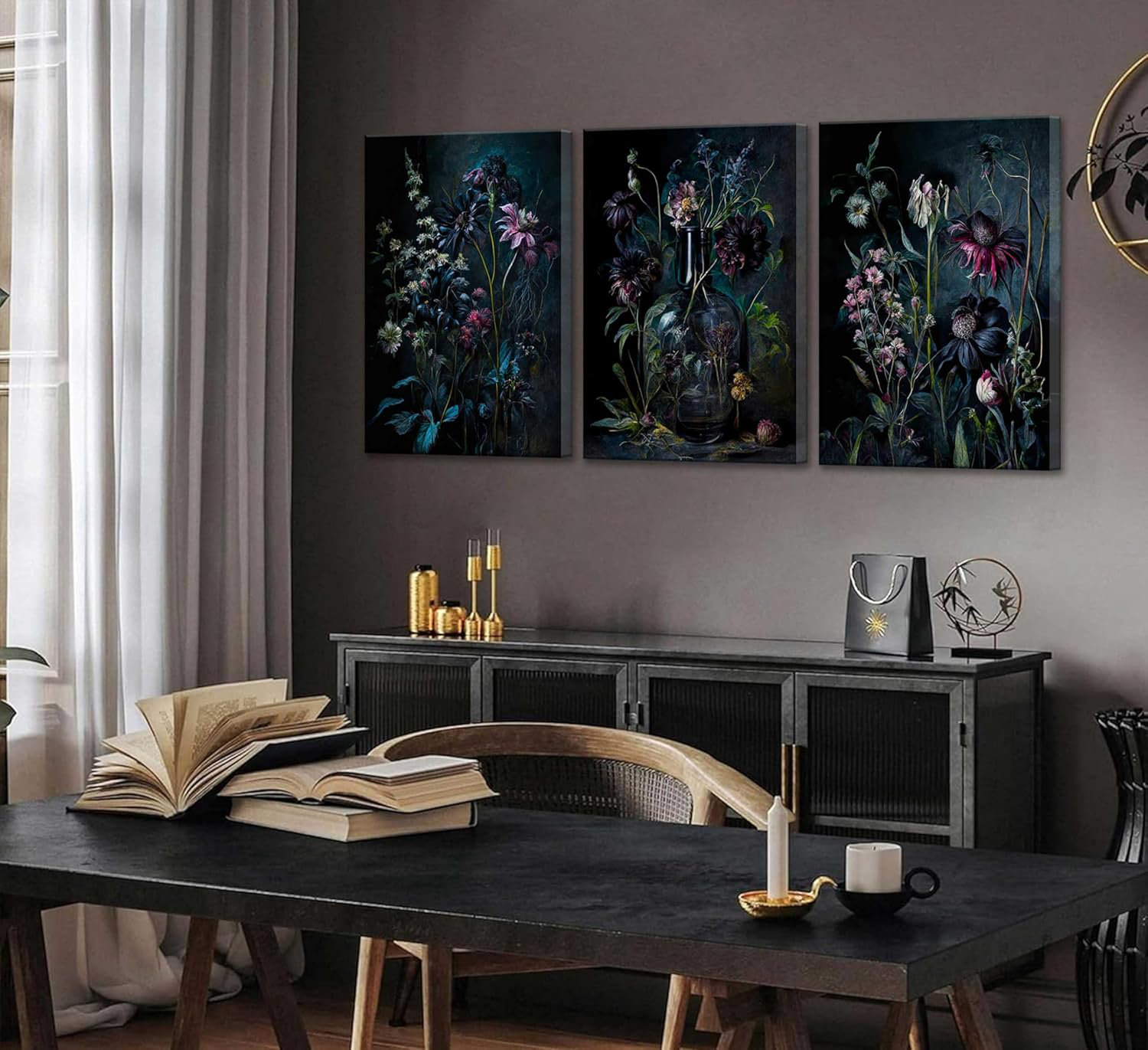 Lark Manor™ 3 Pcs Dark Academia Floral Canvas Wall Art Vintage Moody Flowers Apothecary ...