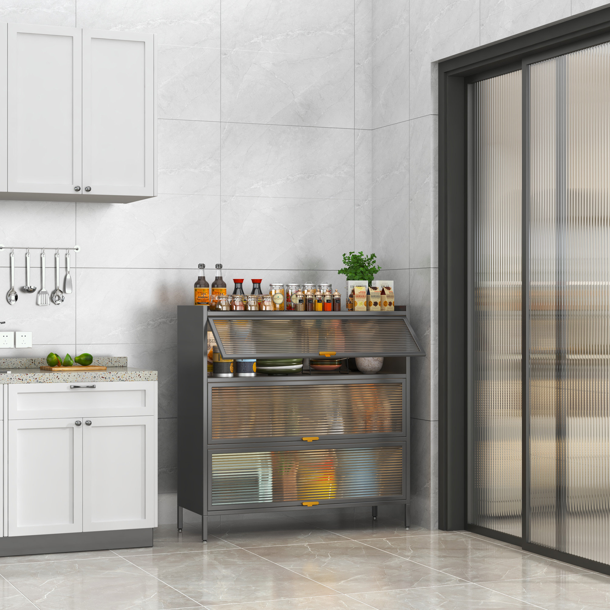 Ebern Designs 3 Tier Pantry Storage Cabinet Baker Racks | Wayfair