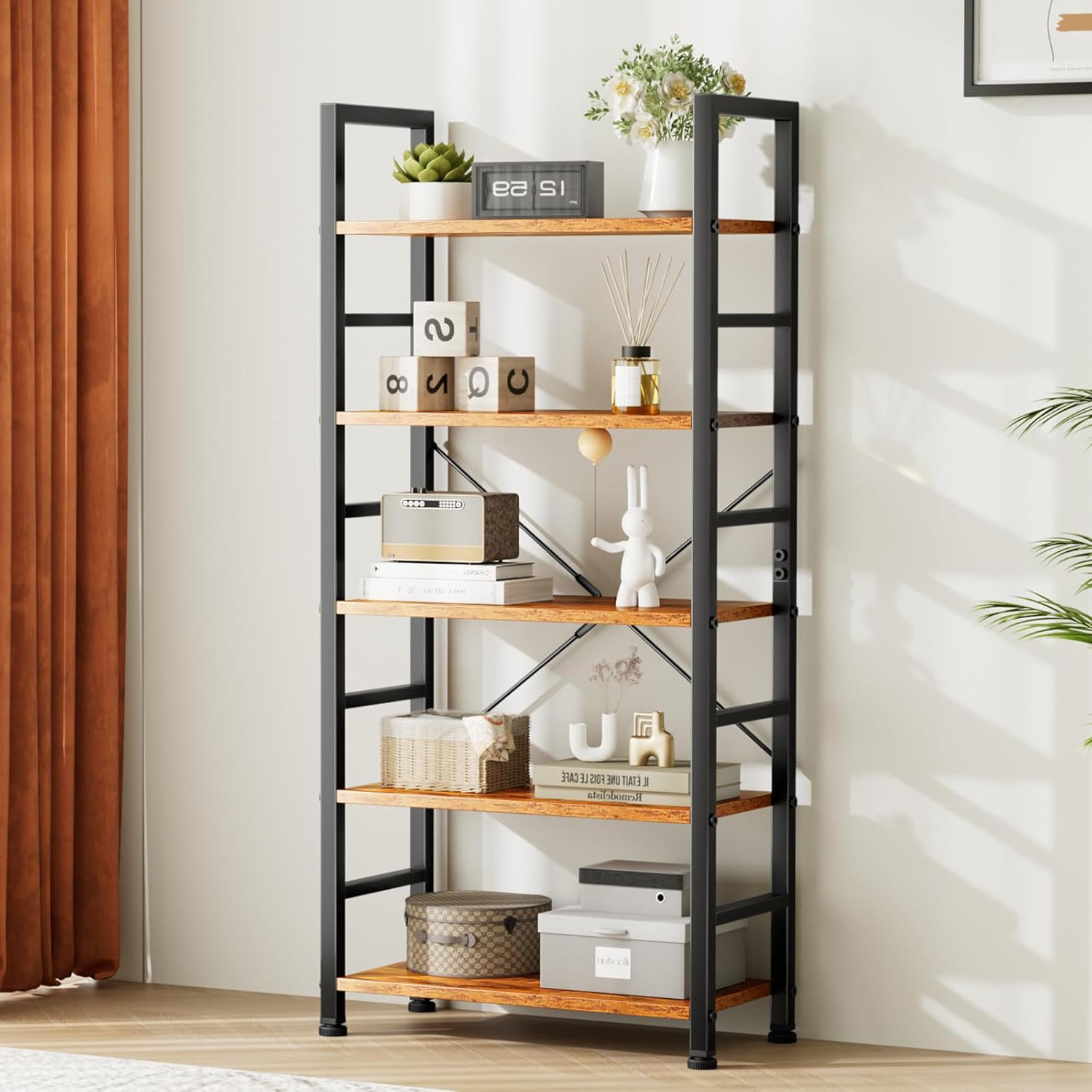 MODVAT 5 Tier Brown Adjustable Bookcase Industrial Corner Storage ...