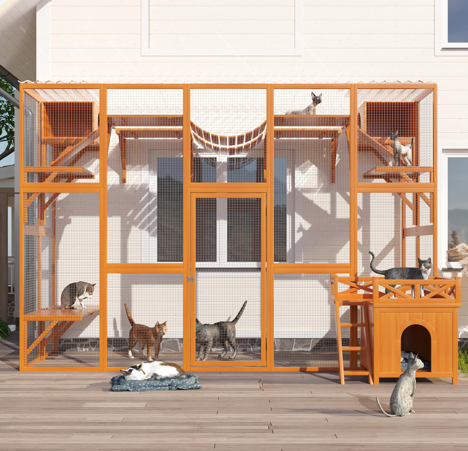 One Allium Way Outdoor Cat House Cat Shelves Natural Wood Playground ...