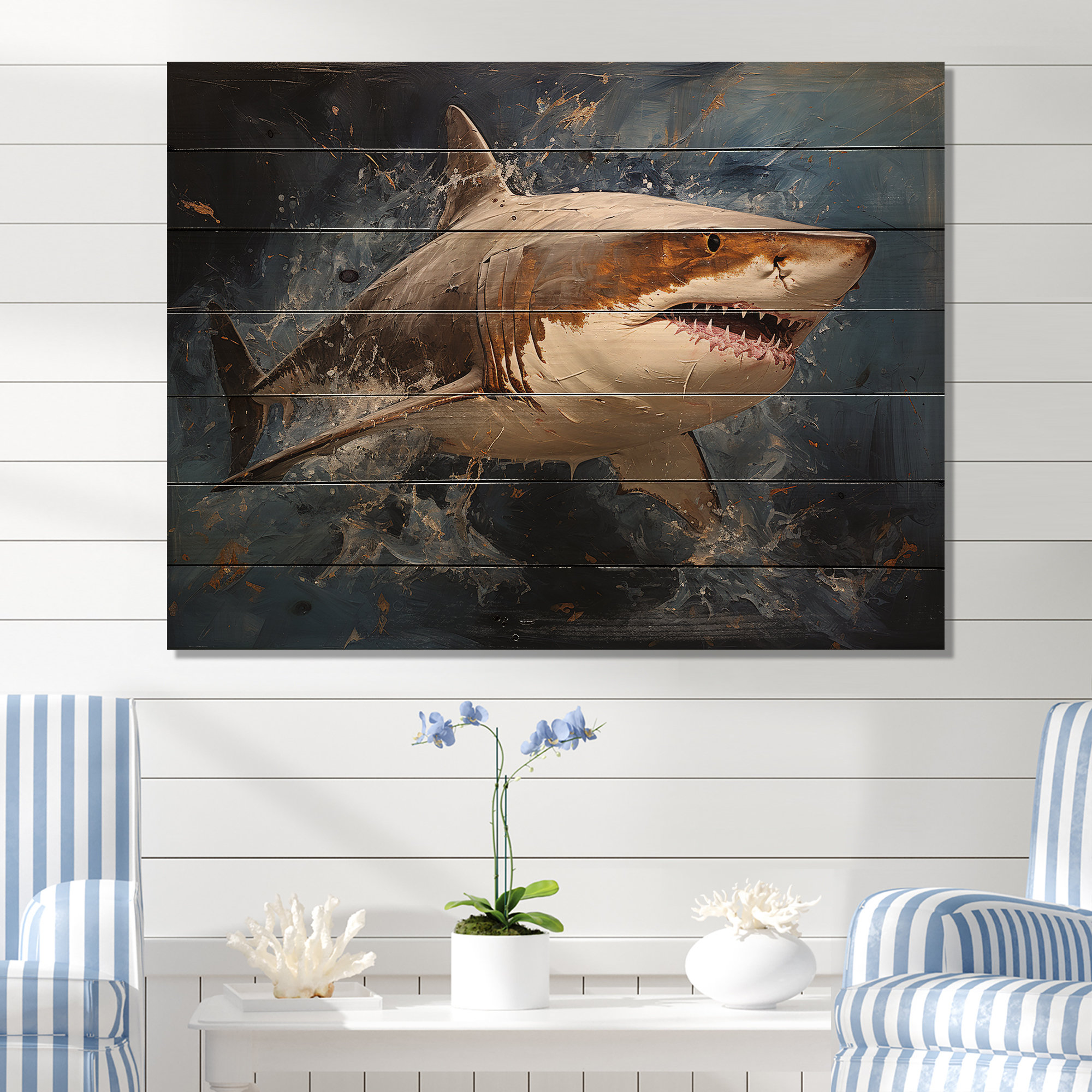 Highland Dunes Underwater Shark Attack I - Shark On Wood Print ...