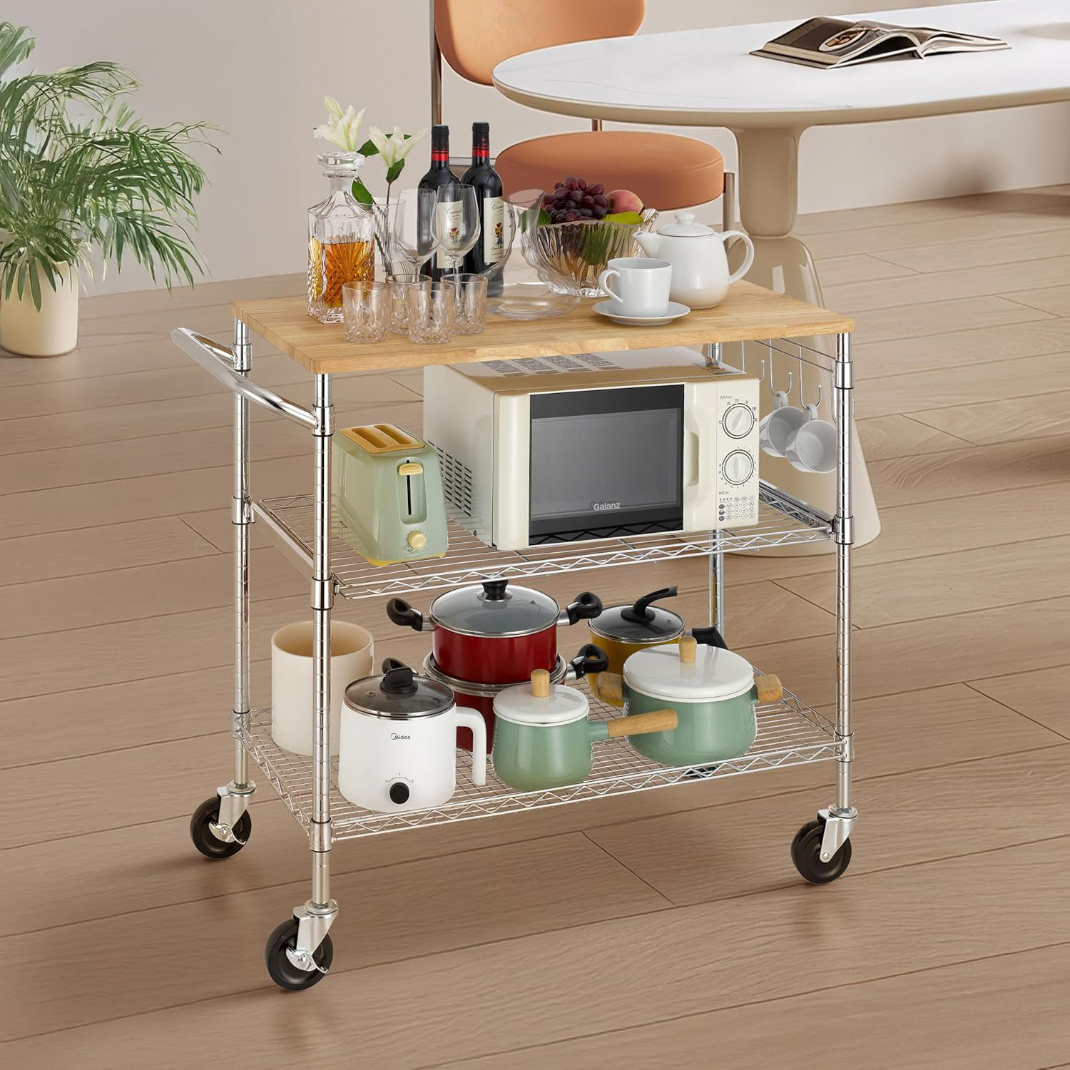 17 Stories Chrome Rolling Kitchen Island Cart, 18"D X 36"W Oak Top ...