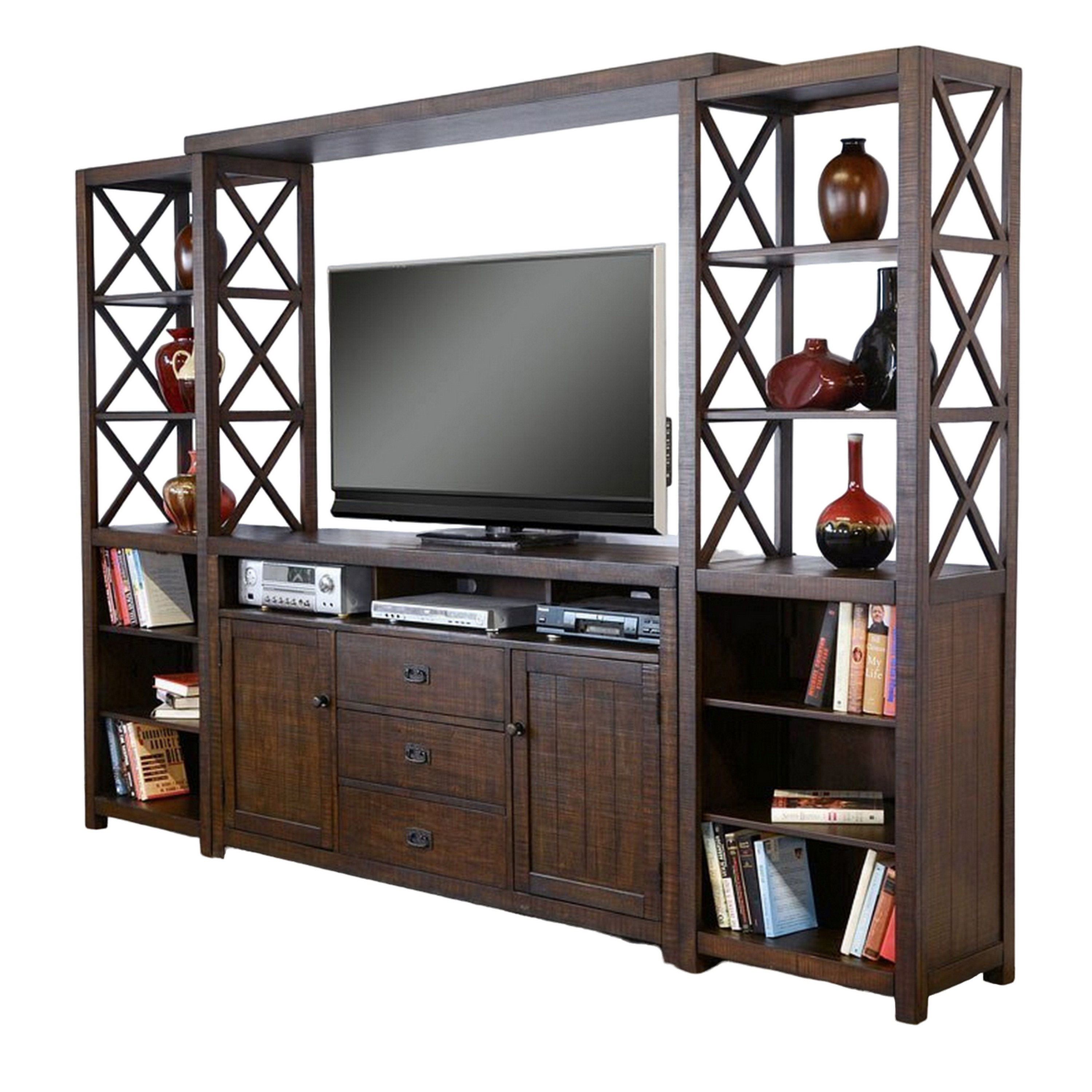 Benjara Flint 4Pc TV Wall Entertainment Console, 2 Pier, Bridge, Brown ...