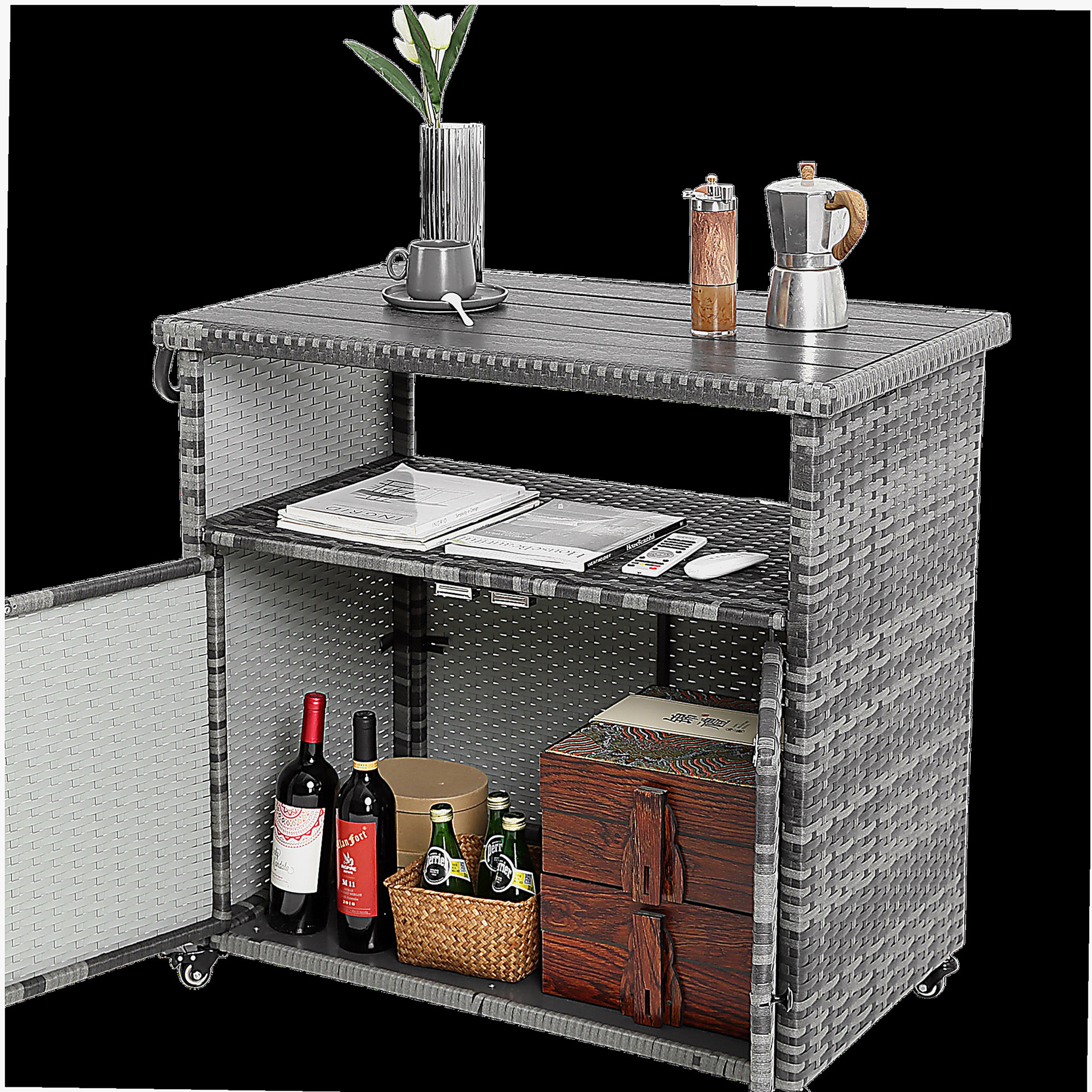 Red Barrel Studio® Outdoor wicker bar cart, wheel-mounted terrace wine ...