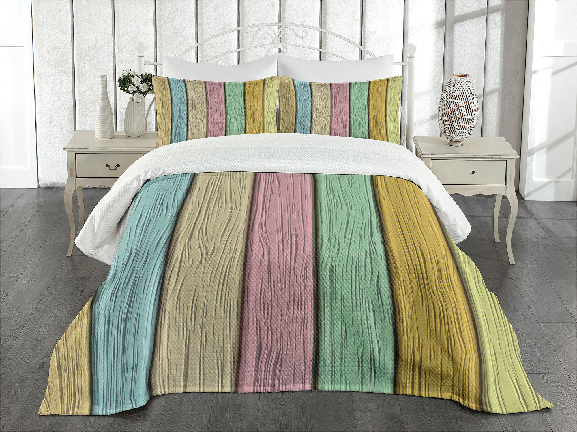 Ambesonne Pastel Bedspread Set Colorful Wooden Planks Print Multicolor ...