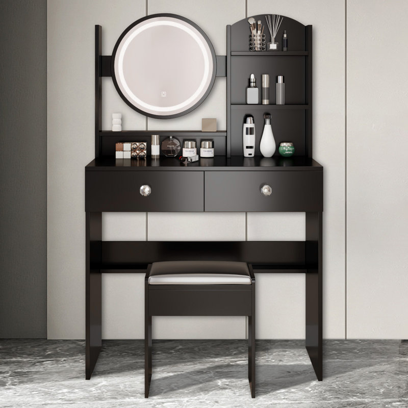 B-COOL 2-Piece Black Makeup Vanity Set With Touch Control LED Mirror ...