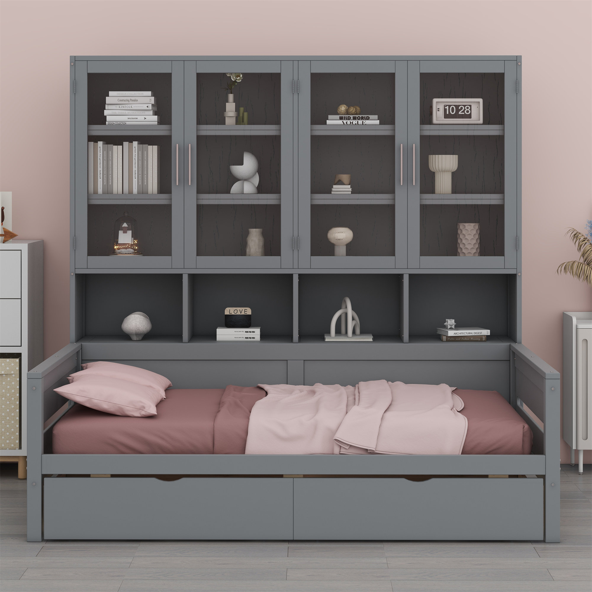 Latitude Run® Wooden Daybed With Glass-Door Storage Cabinets, Built-In ...