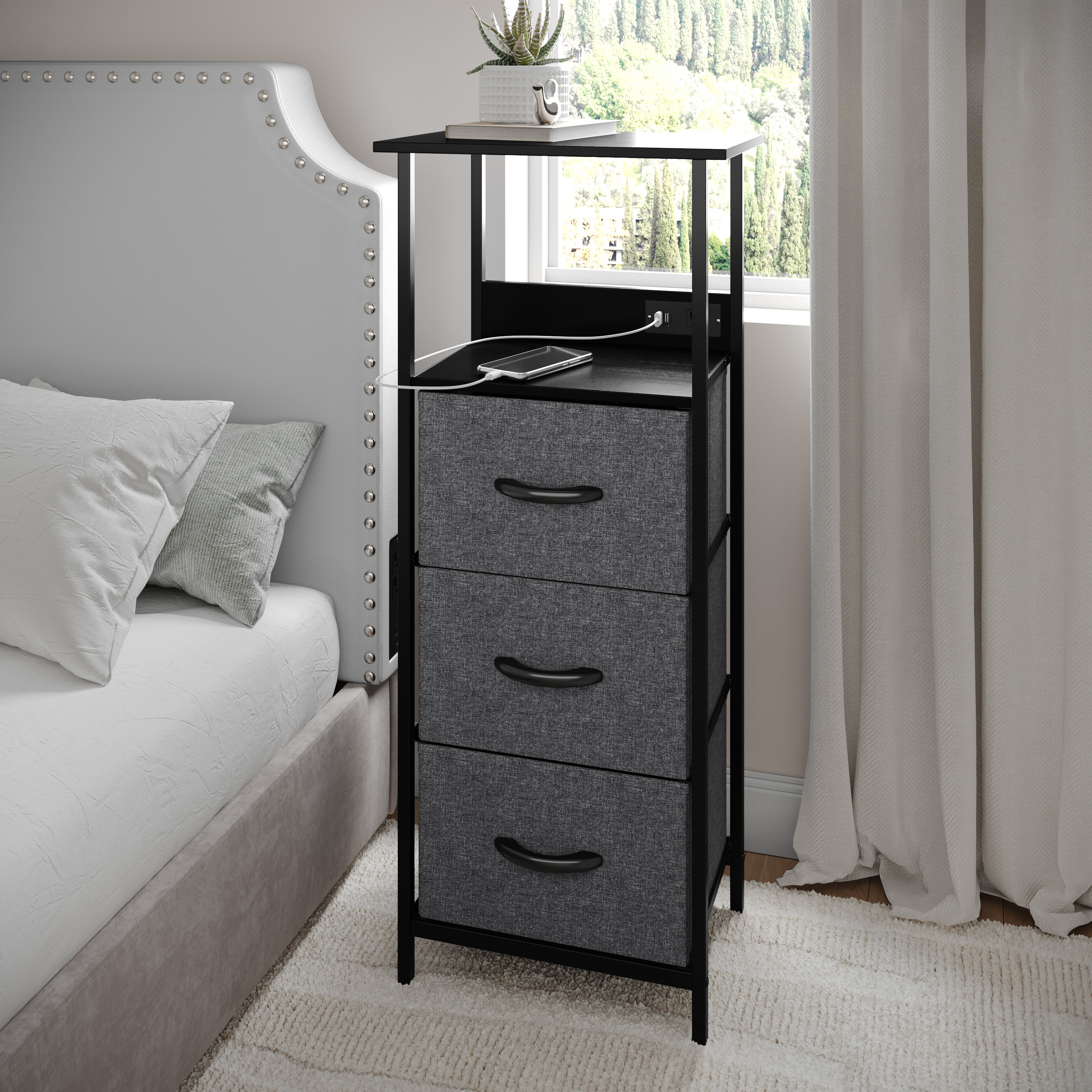 Ebern Designs 3 Fabric Drawer Nightstand With 2 USB Ports And 1 Outlet ...