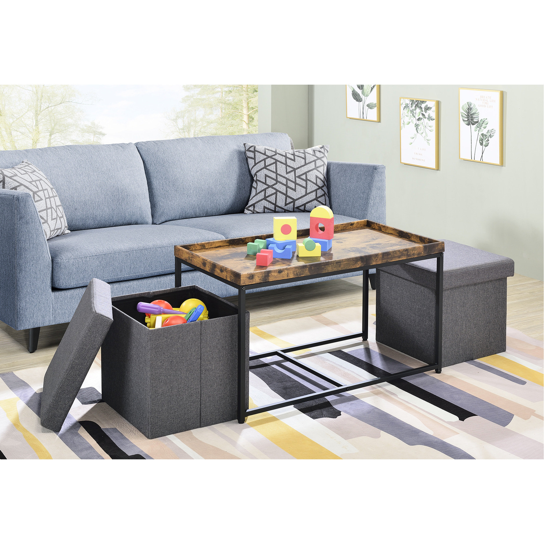George Oliver 35" Coffee Table With Copious Storage, Weathered Oak Wood ...