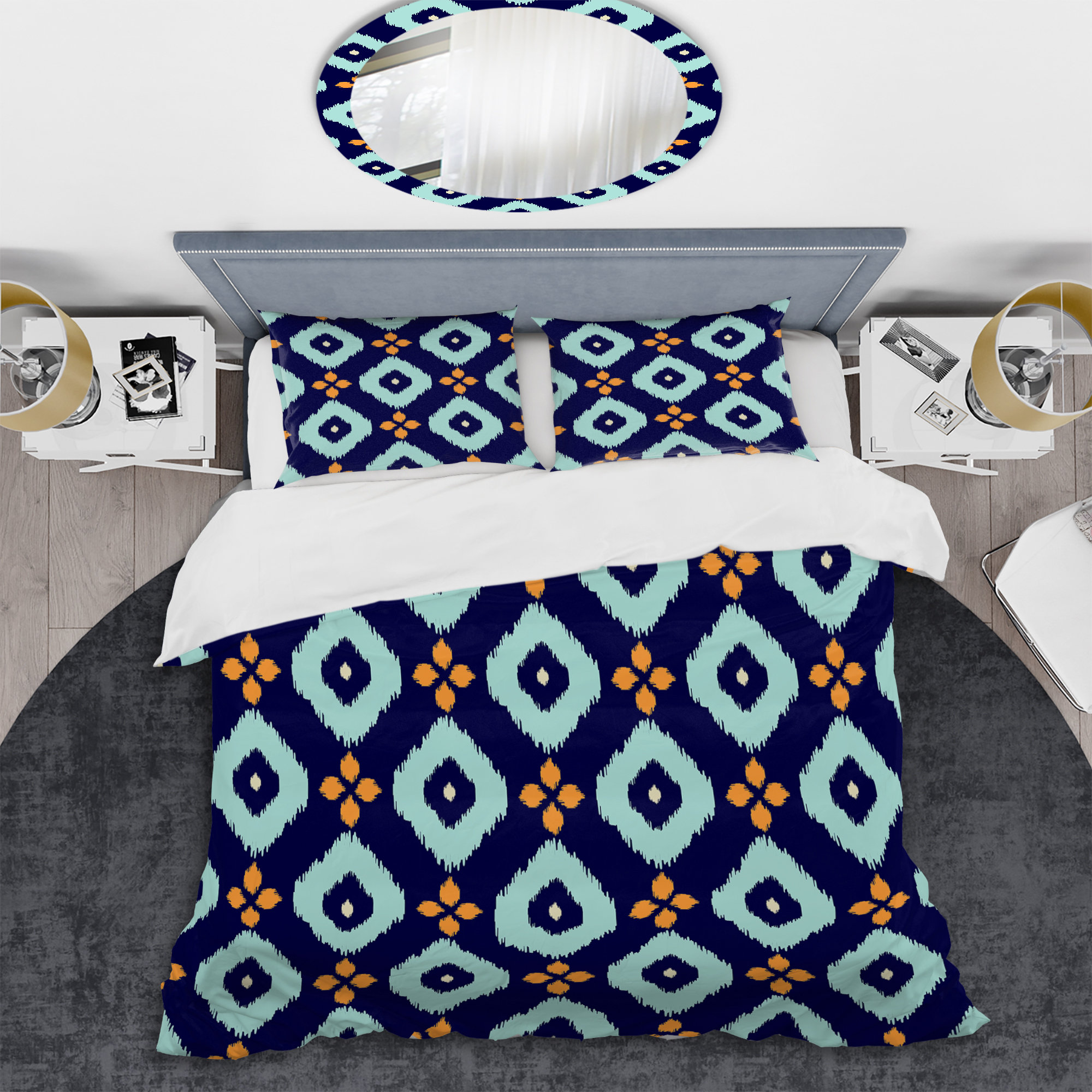 Design Art Blue Ikat Geometric - Patterned Duvet Cover Set | Wayfair