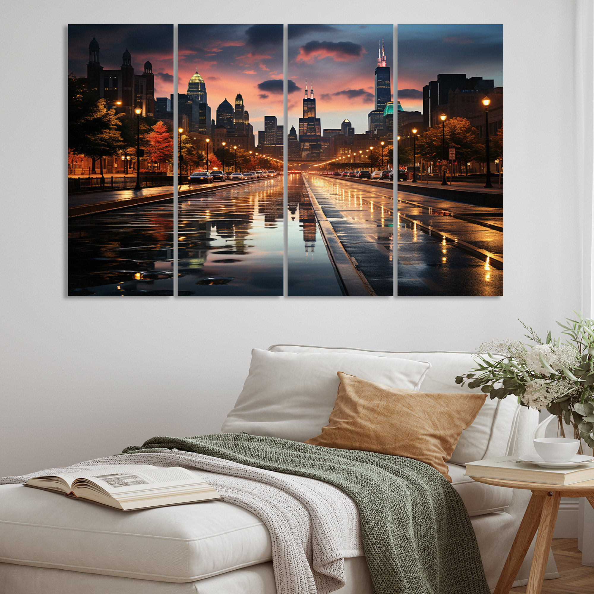 Design Art Chicago Cityscape By Night II - Chicago Wall Art Living Room ...